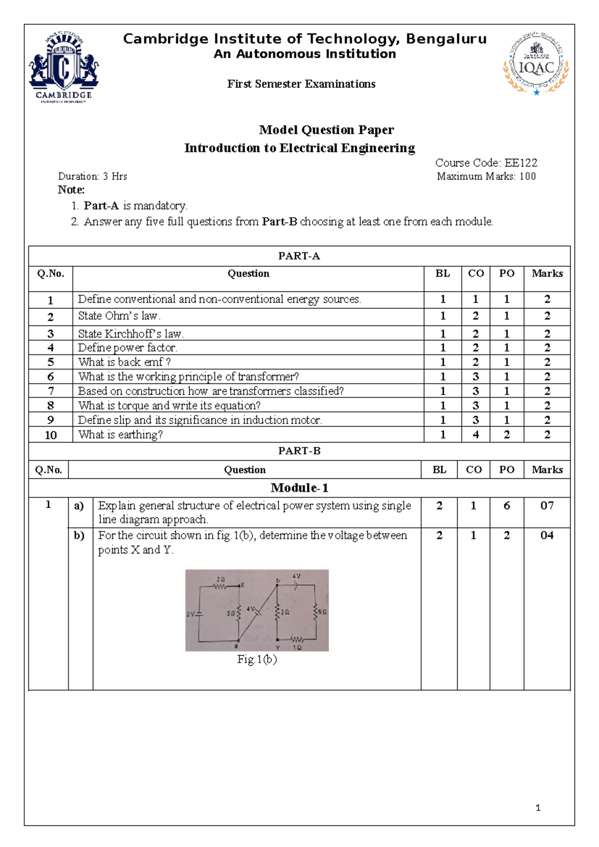 Model Question Paper for 1st Sem EE122: Intro to Electrical Engg - Studocu