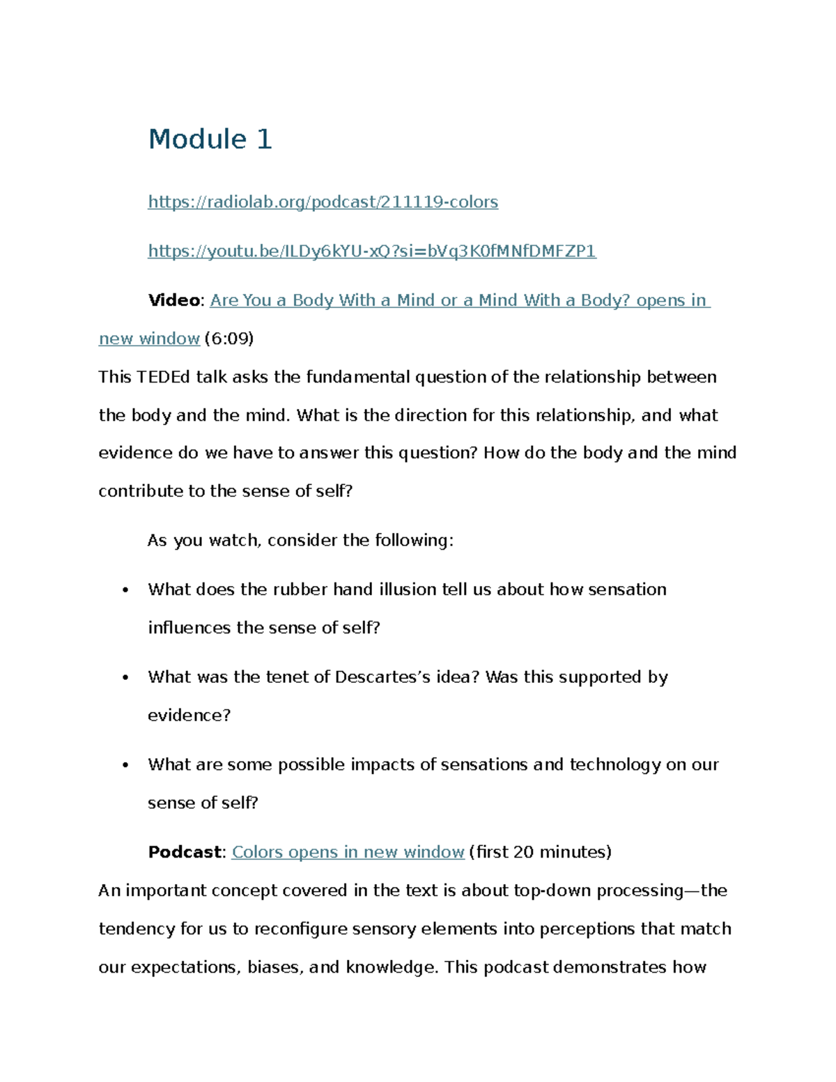 Cognition Sources: Weekly Reading List for PSY 101 Modules 1-8 - Studocu