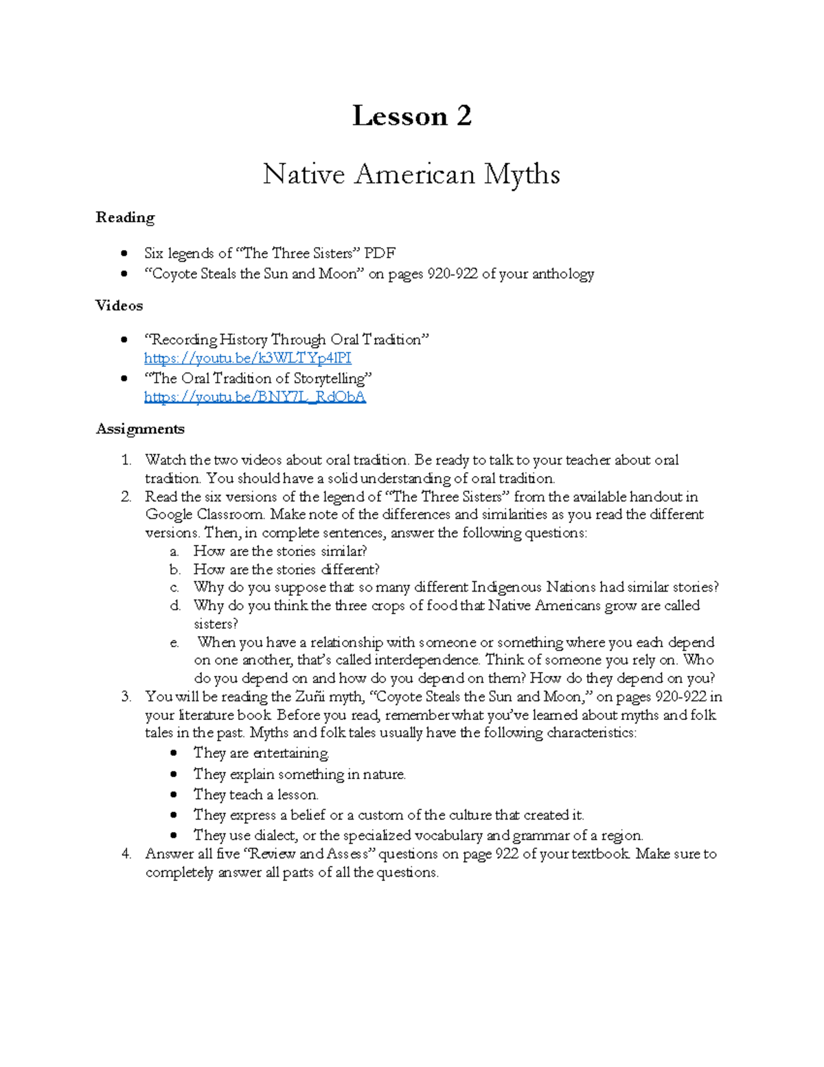 8th Grade English Lesson 2 - Lesson 2 Native American Myths Reading ...
