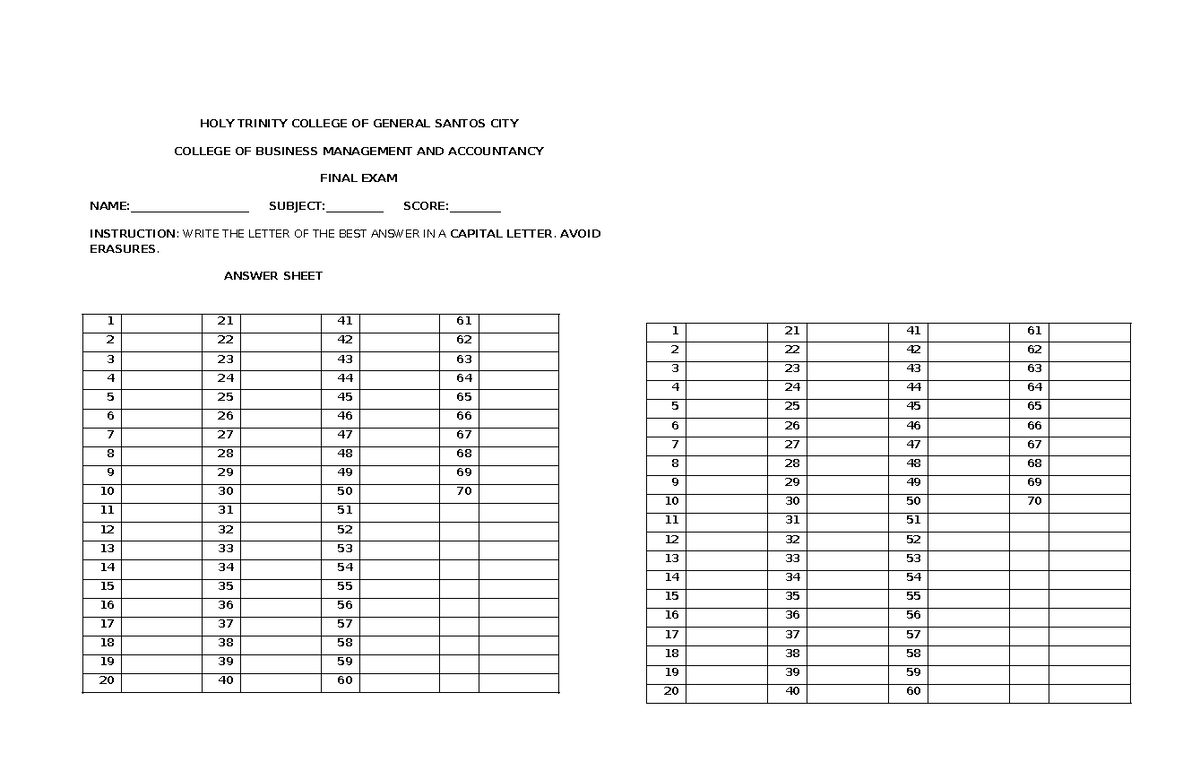 Final Exam Answer Sheet - Audit 101 - Studocu