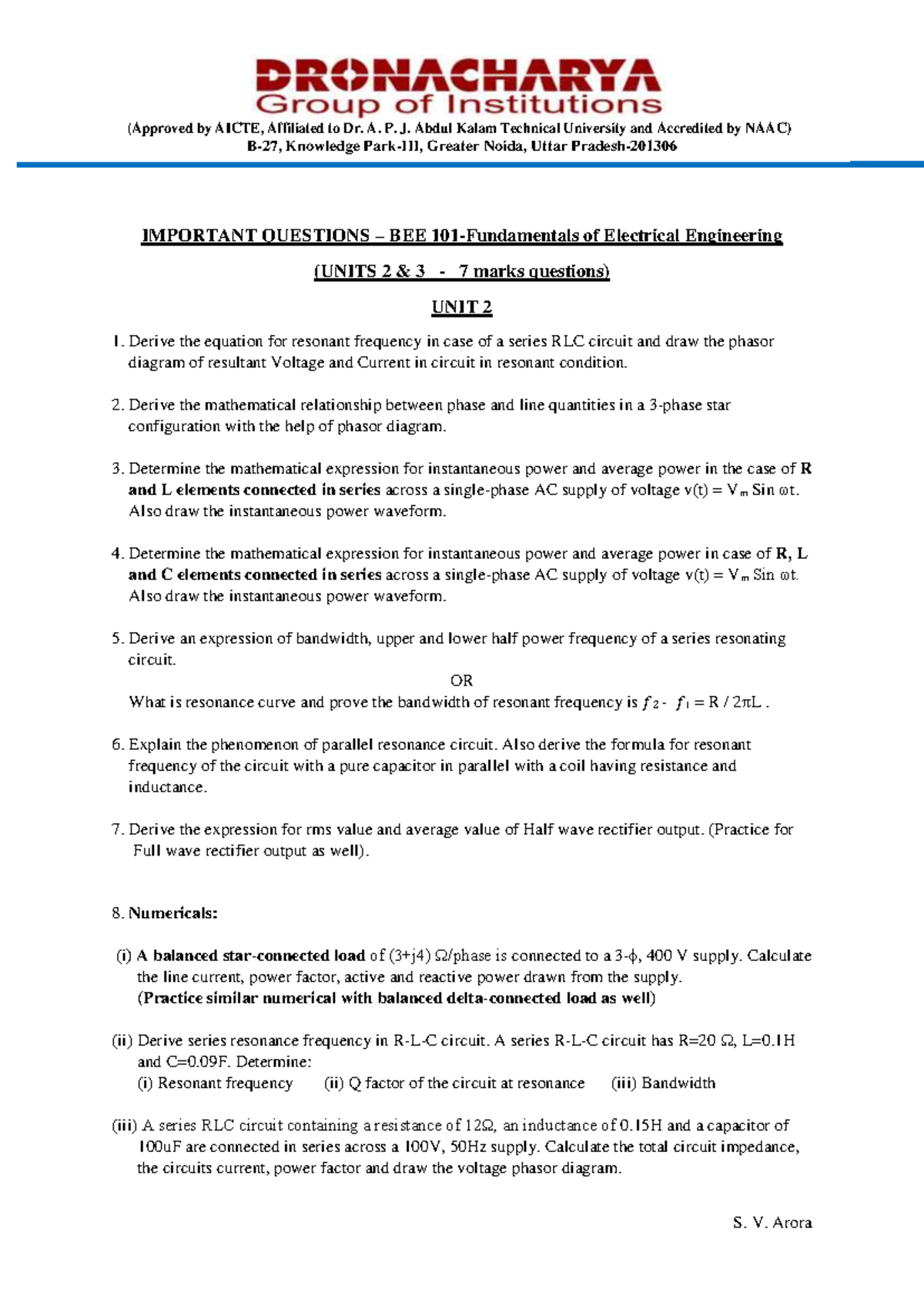 Important Questions for BEE 101: Units 2 & 3 (Electrical Engineering ...