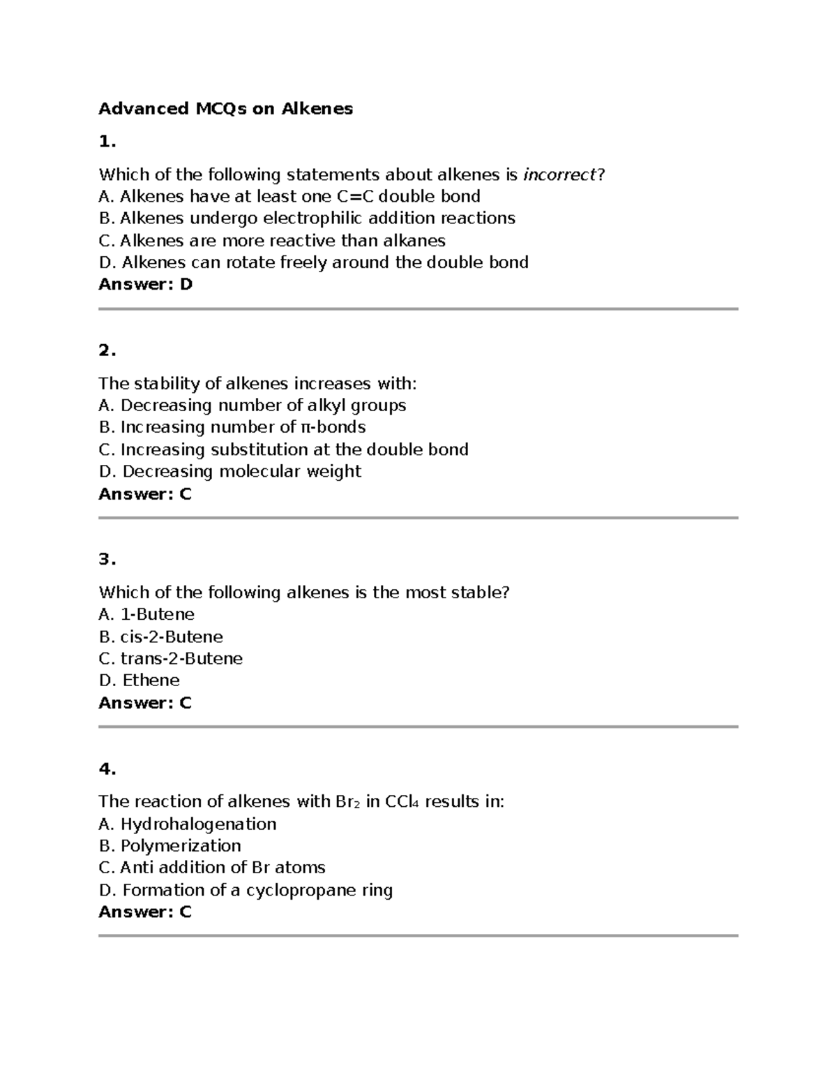 Advanced MCQs on Alkenes and Alkynes - Doc1 - Studocu