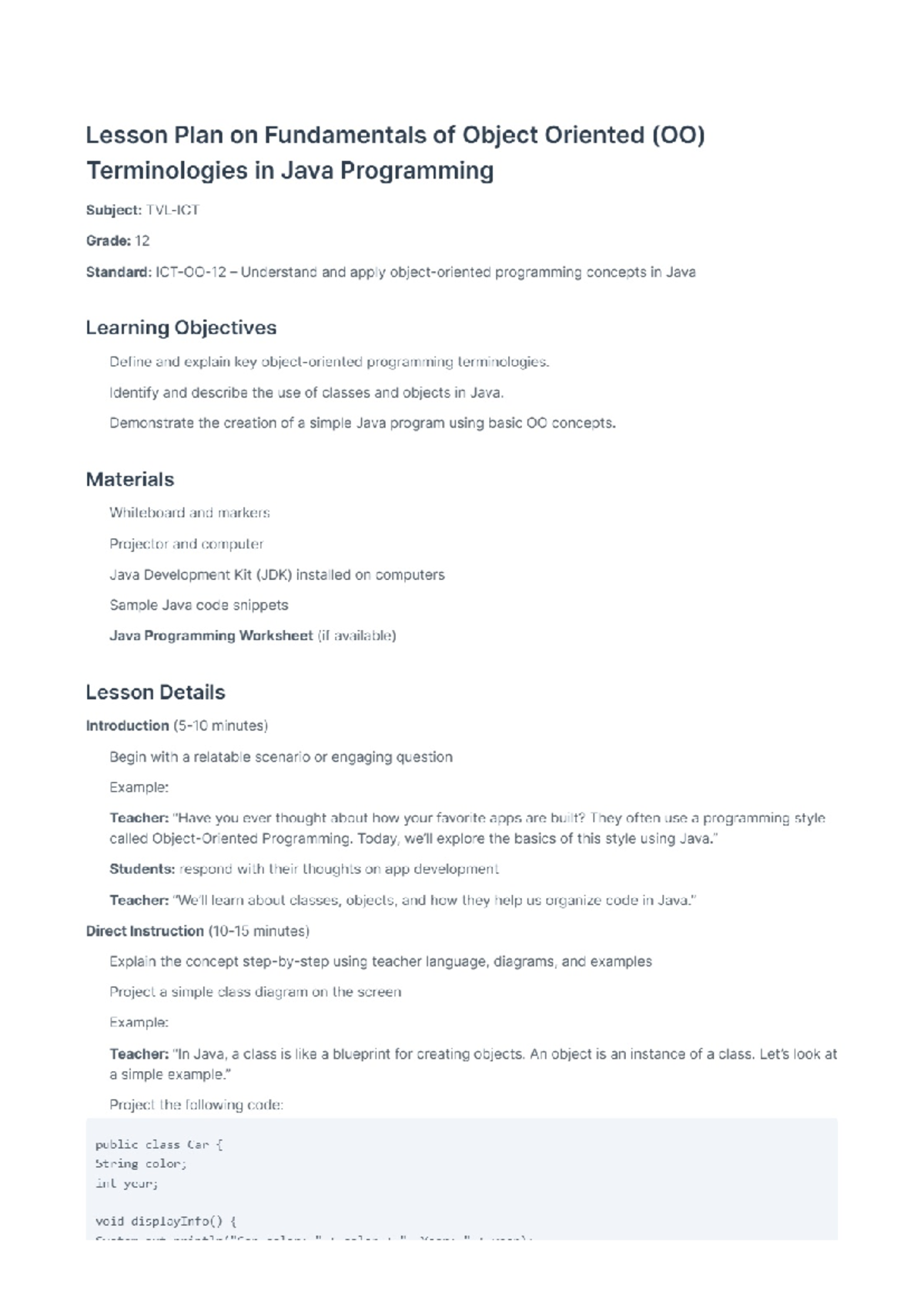 Lesson Plan on OOP Concepts in Java Programming (TVL-ICT 12) - Studocu