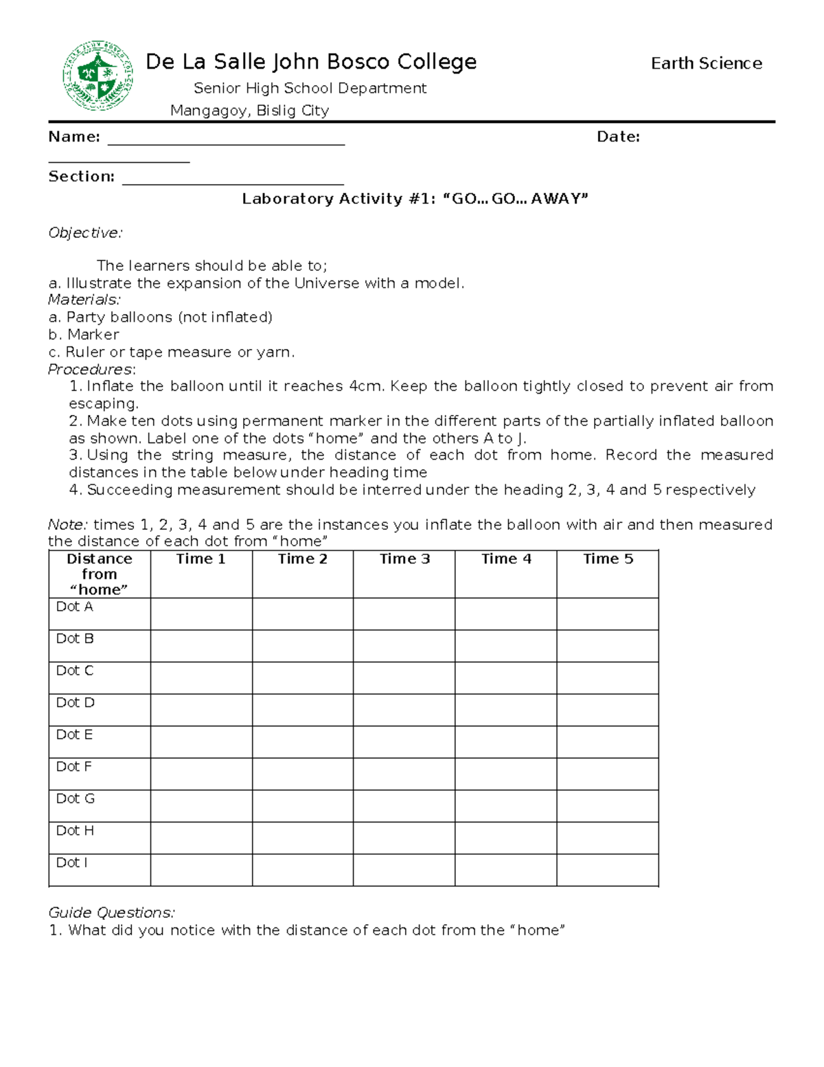 Earth Science Lab Activity #1: Big Bang Balloon Experiment - Studocu