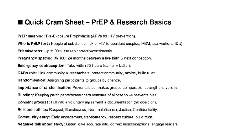 PrEP Research Basics Cram Sheet: Key Concepts & Ethics - Studocu