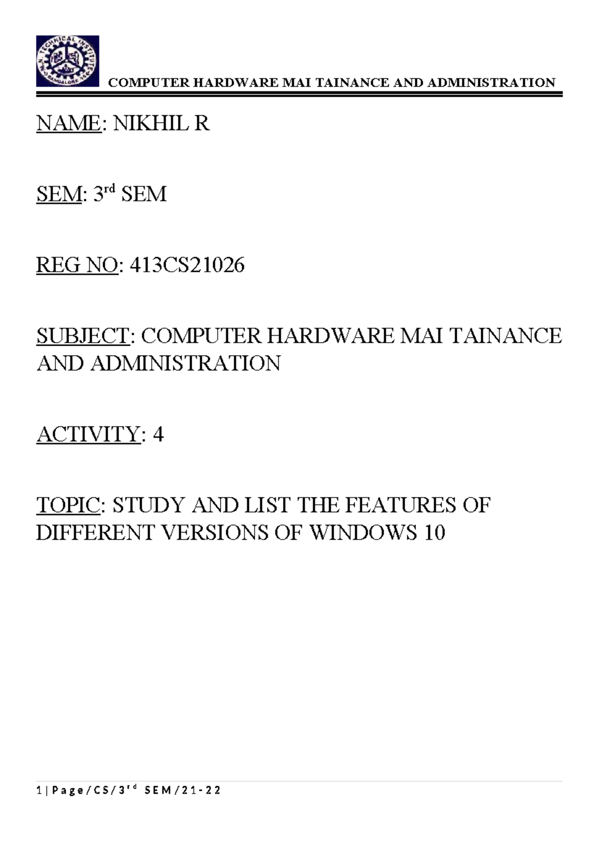 CHMA 3rd Sem Activity 4: Features of Windows 10 Versions - Studocu