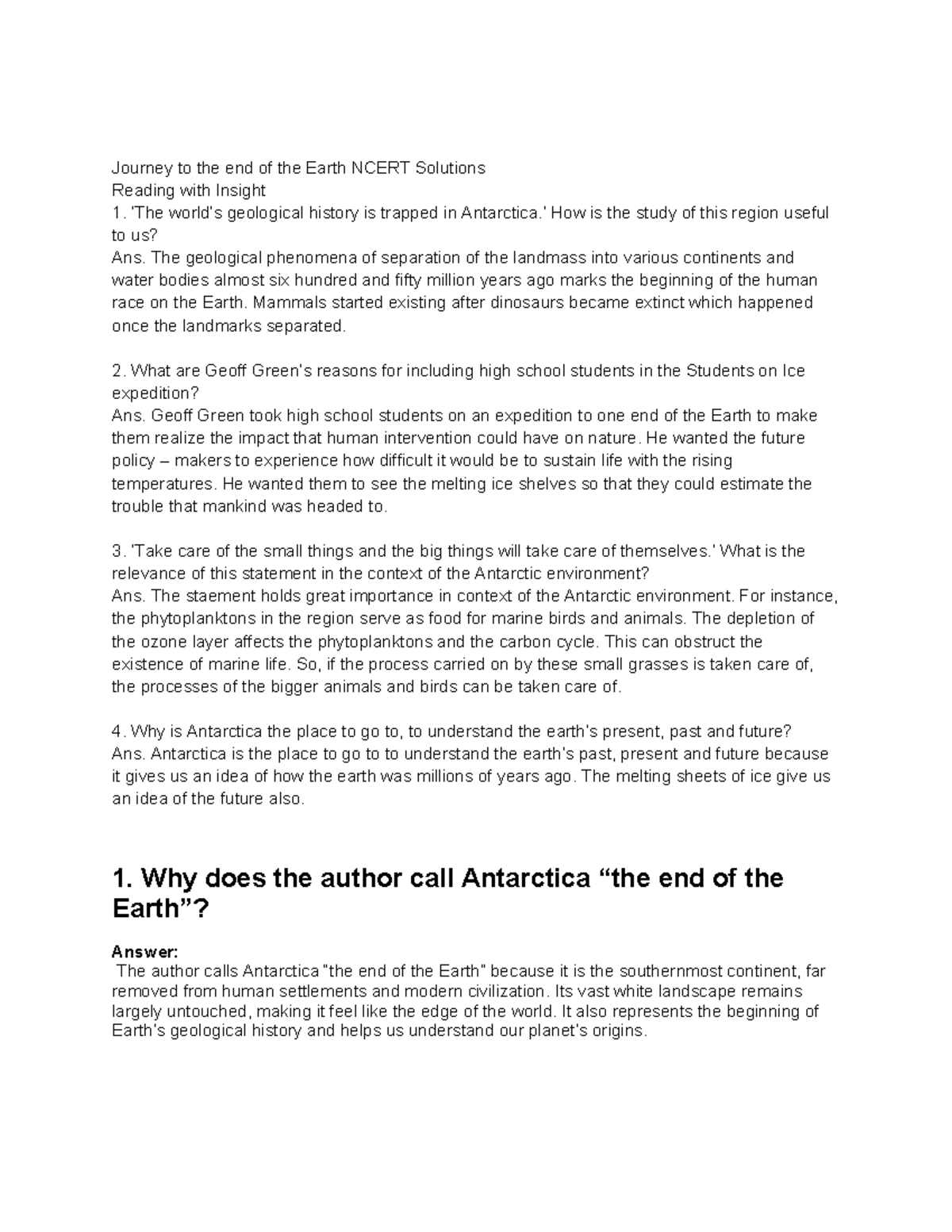 Class 12 English: Journey to the End of the Earth - NCERT Solutions ...