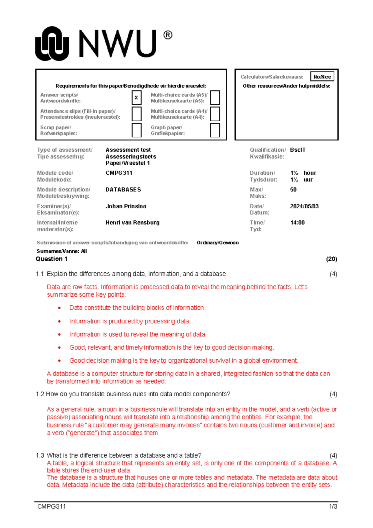 CMPG311 Semester Test Memo: Key Concepts in Databases and ERD - Studocu
