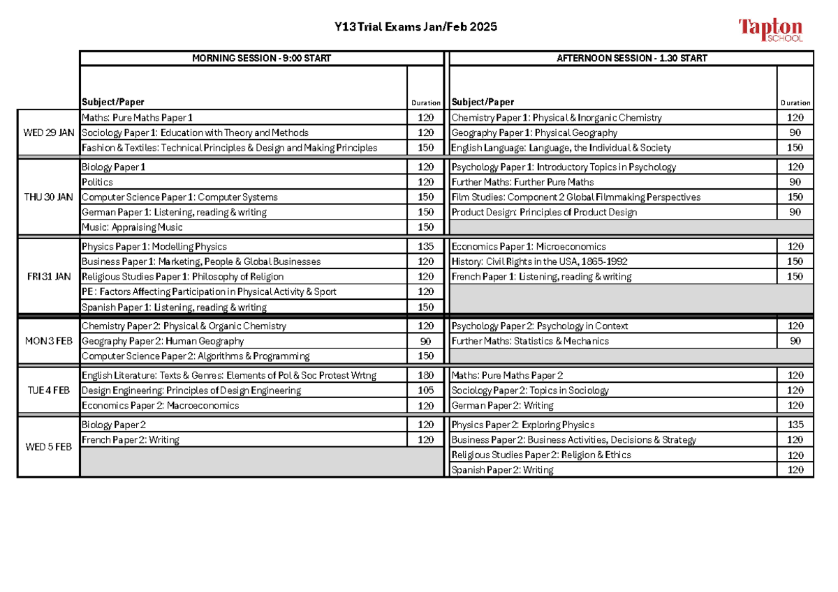 Y13 Trial Exam Timetable for Jan/Feb 2025 - Student Version - Studocu