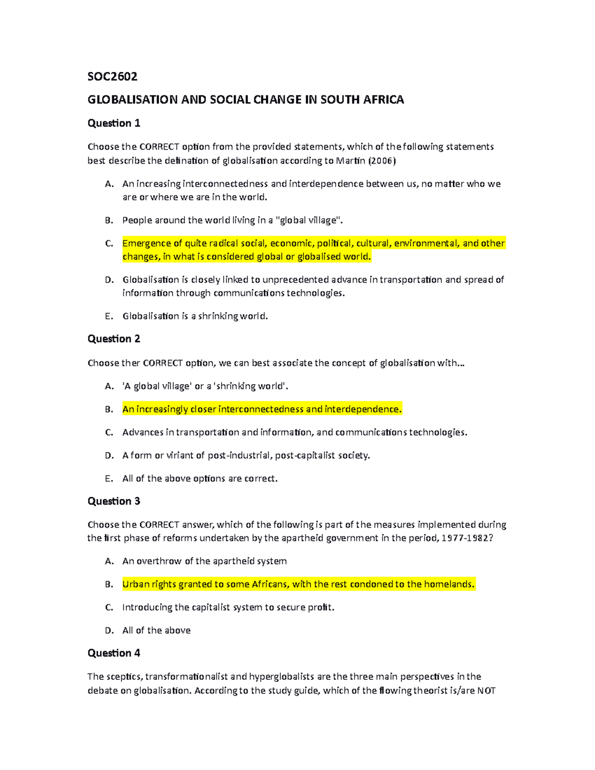 SOC2602 - Globalisation and Social Change in South Africa: Quiz Review ...