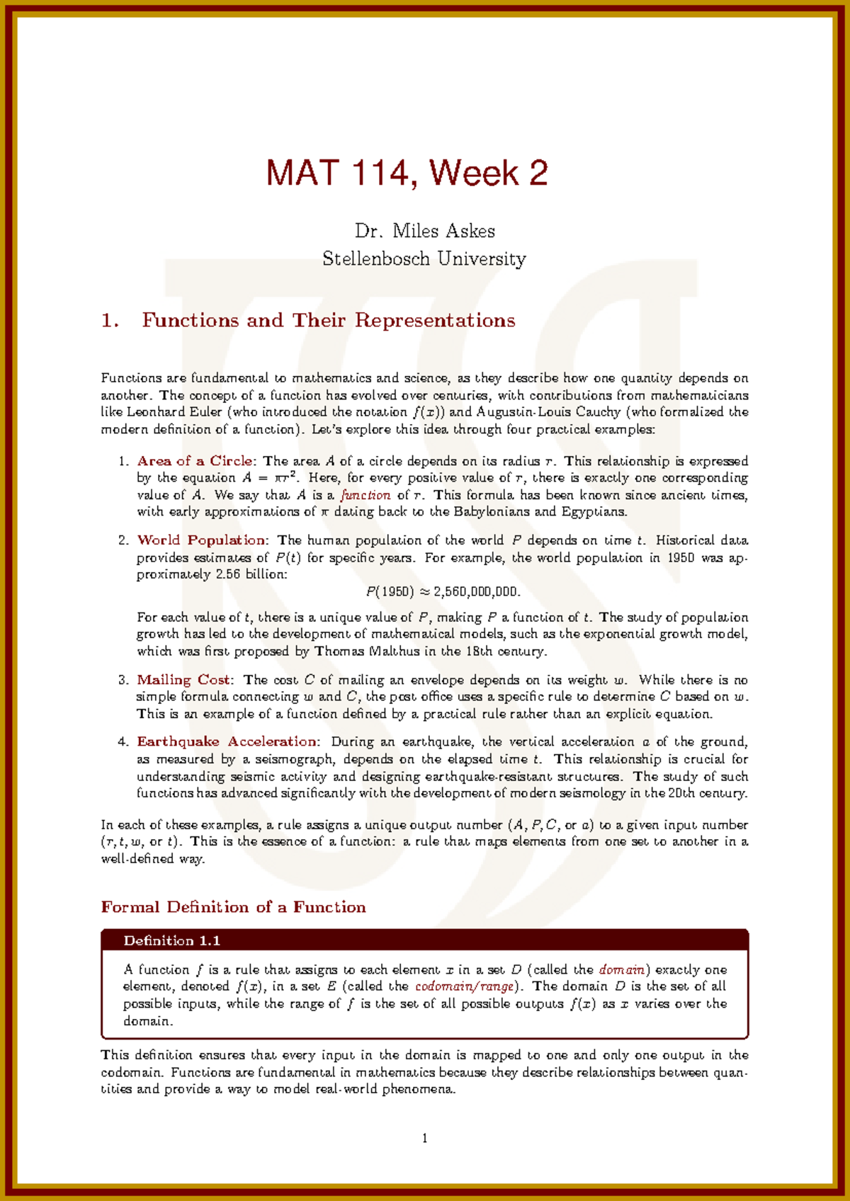 MAT 114 Week 2 - Functions and Their Representations Notes - Studocu