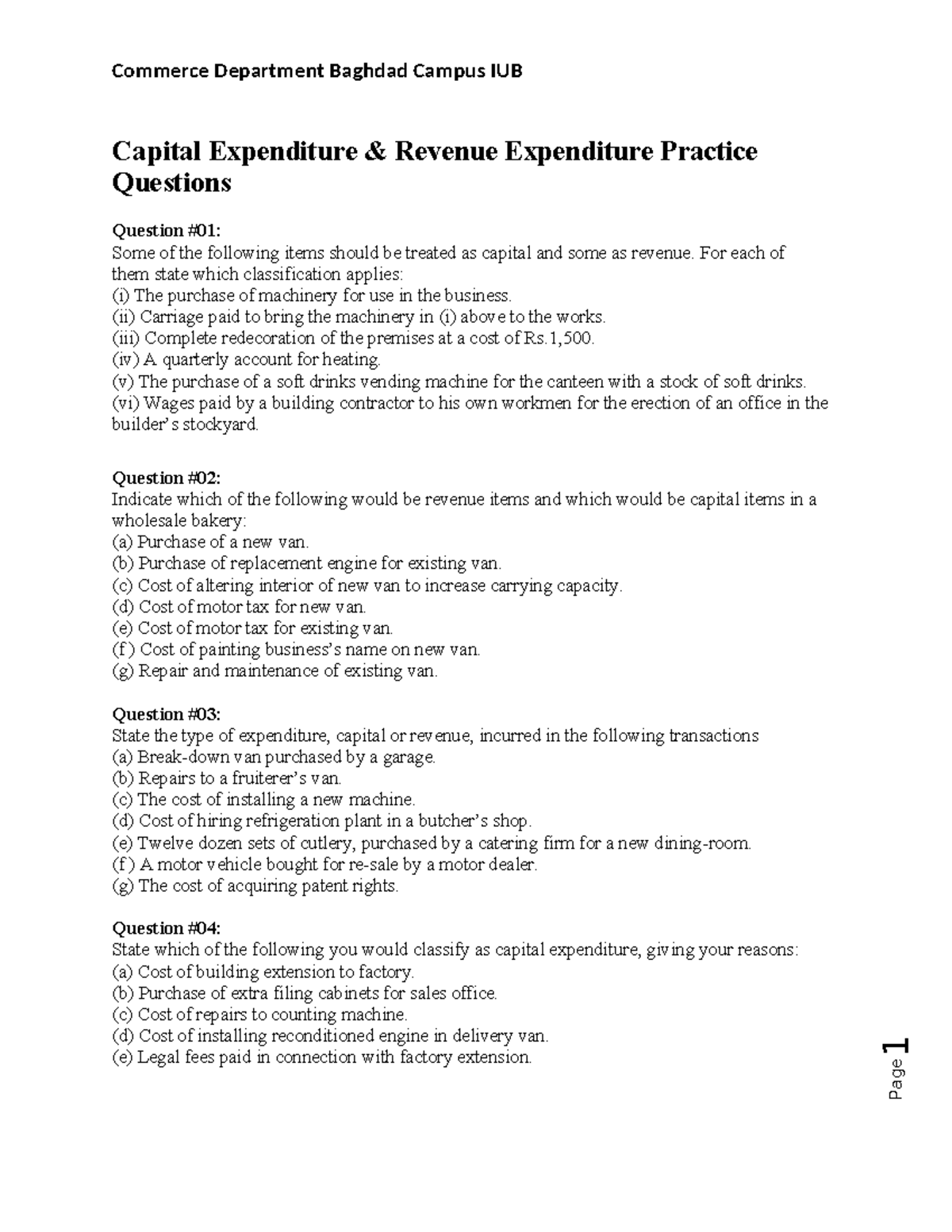 Capital & Revenue Expenditure Classification Practice Questions - Studocu