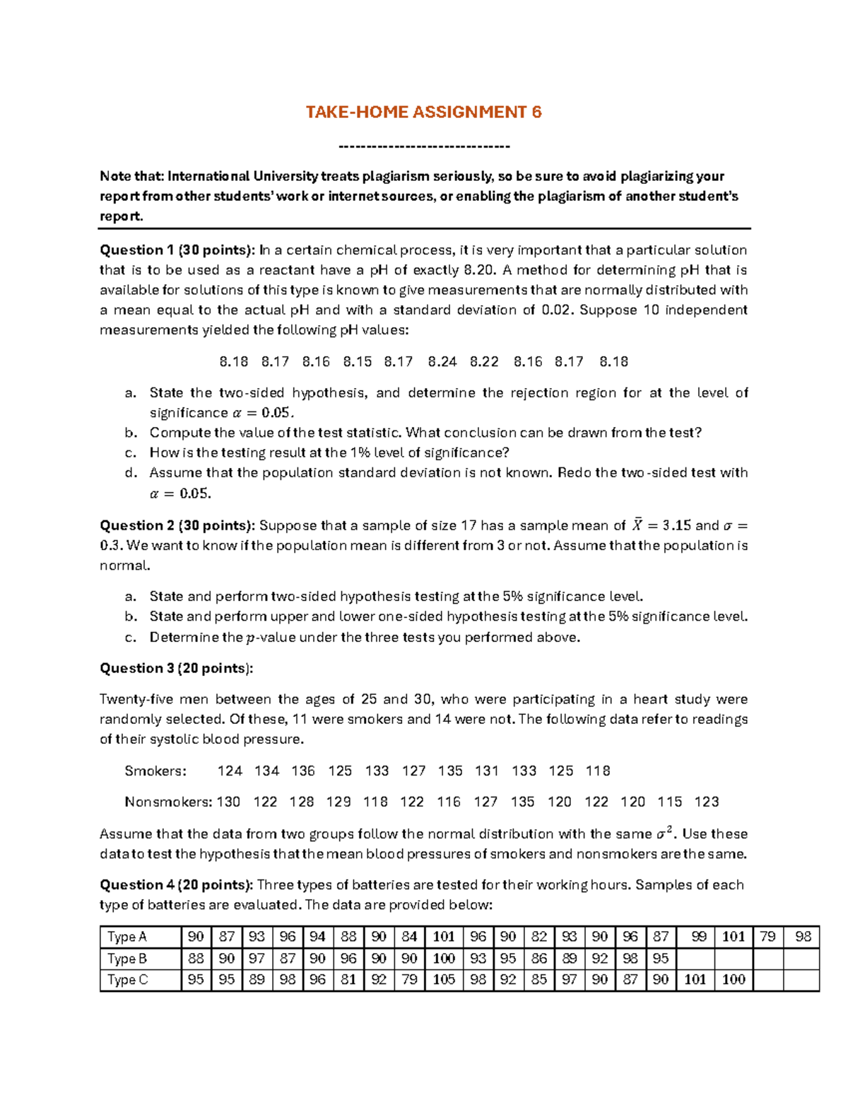 Assignment 6: Hypothesis Testing in Chemical Processes & Statistics ...
