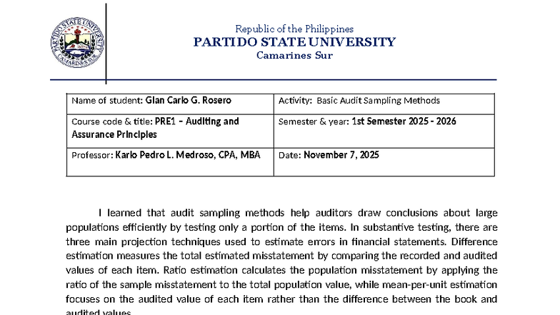 PRE1 Auditing & Assurance Principles: Basic Audit Sampling Methods ...