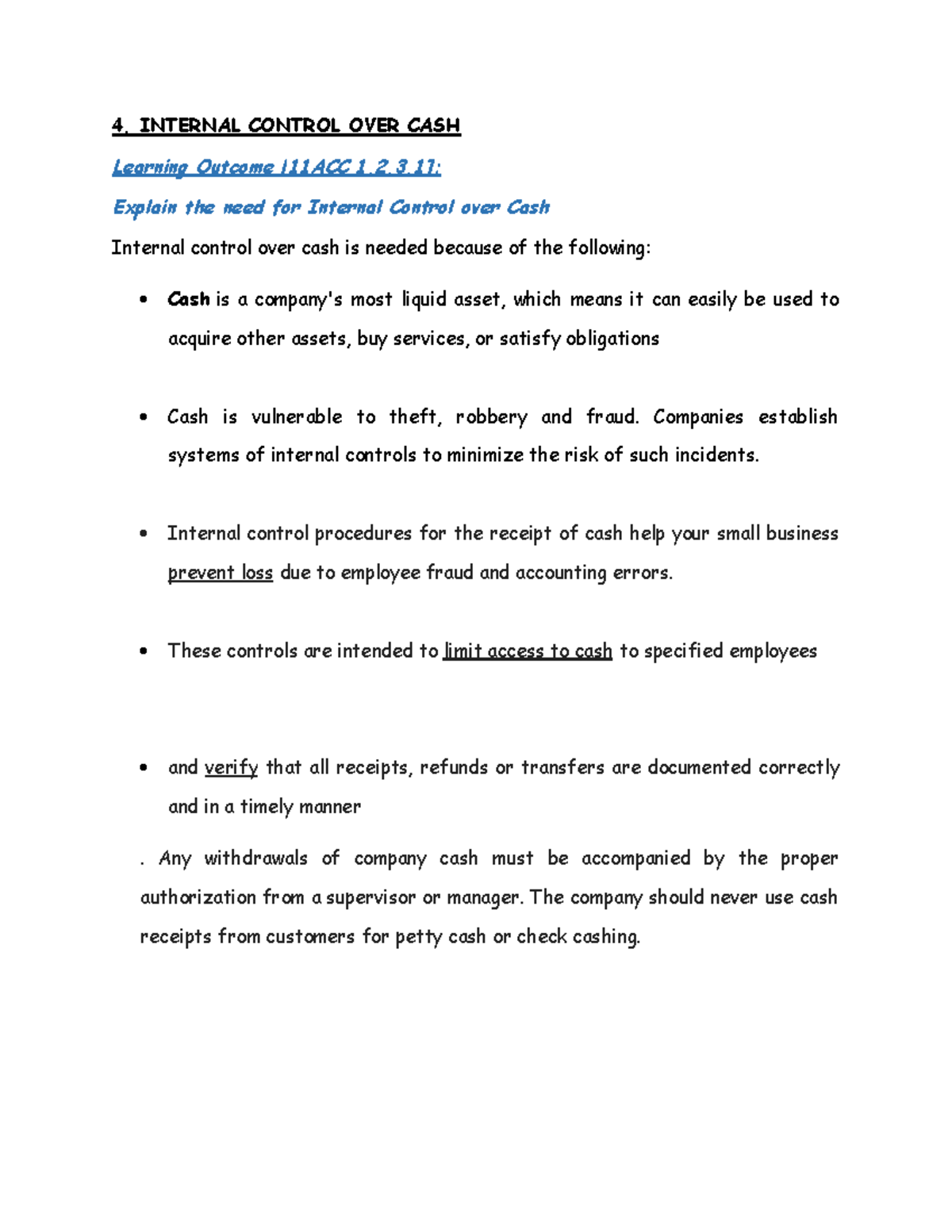 4. INTERNAL CONTROL OVER CASH: Importance and Procedures - Studocu