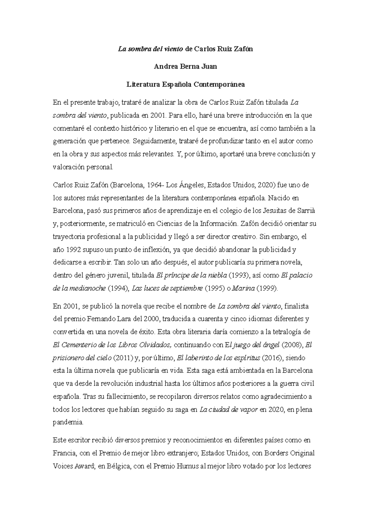 Análisis literario de "La sombra del viento" - Literatura Española ...