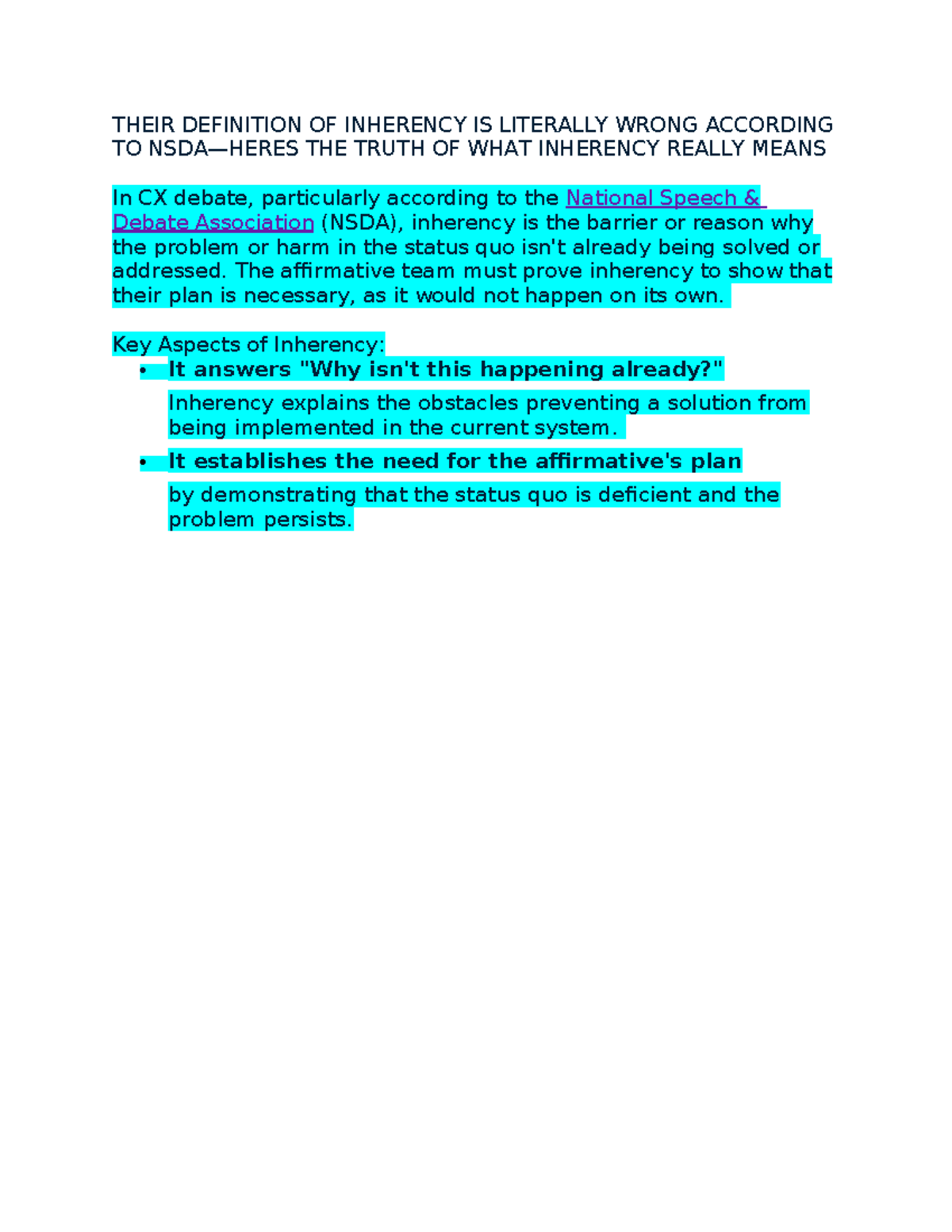 CX Debate: Understanding Inherency and Its Key Aspects - Studocu