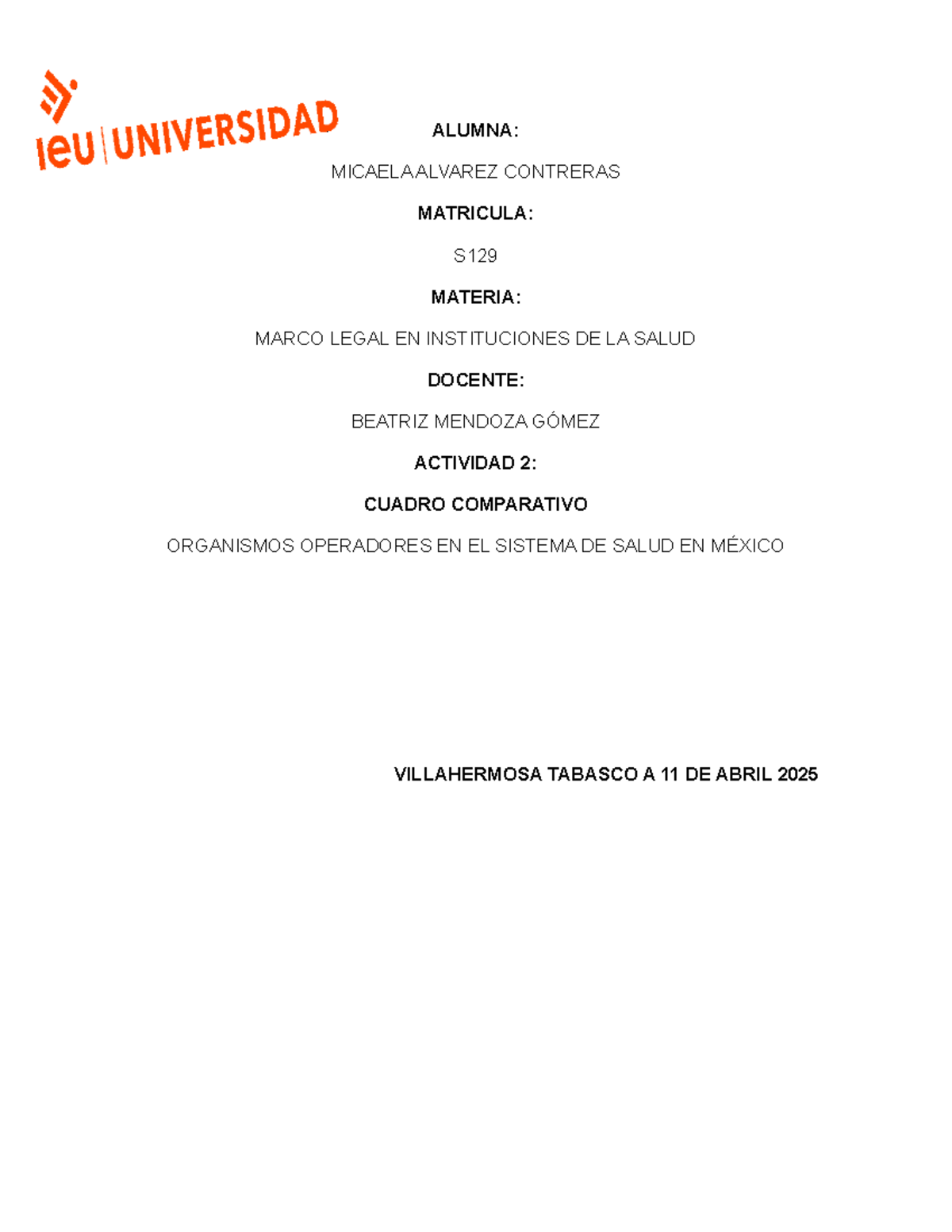 ACT. 2 Organismos Operadores EN EL Sistema DE Salud EN Mexico - ALUMNA: MICAELA ALVAREZ ...