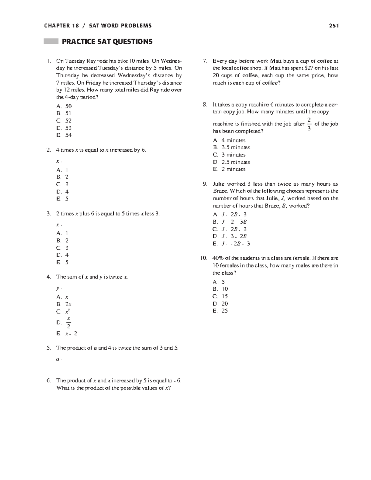 CHAPTER 18: SAT Word Problems Practice Questions (251-258) - Studocu