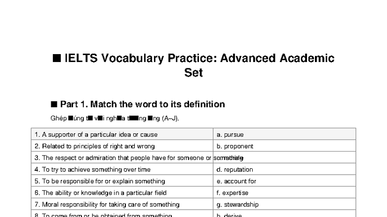 IELTS Vocabulary Practice: Advanced Academic Set Part 1 & 2 - Studocu