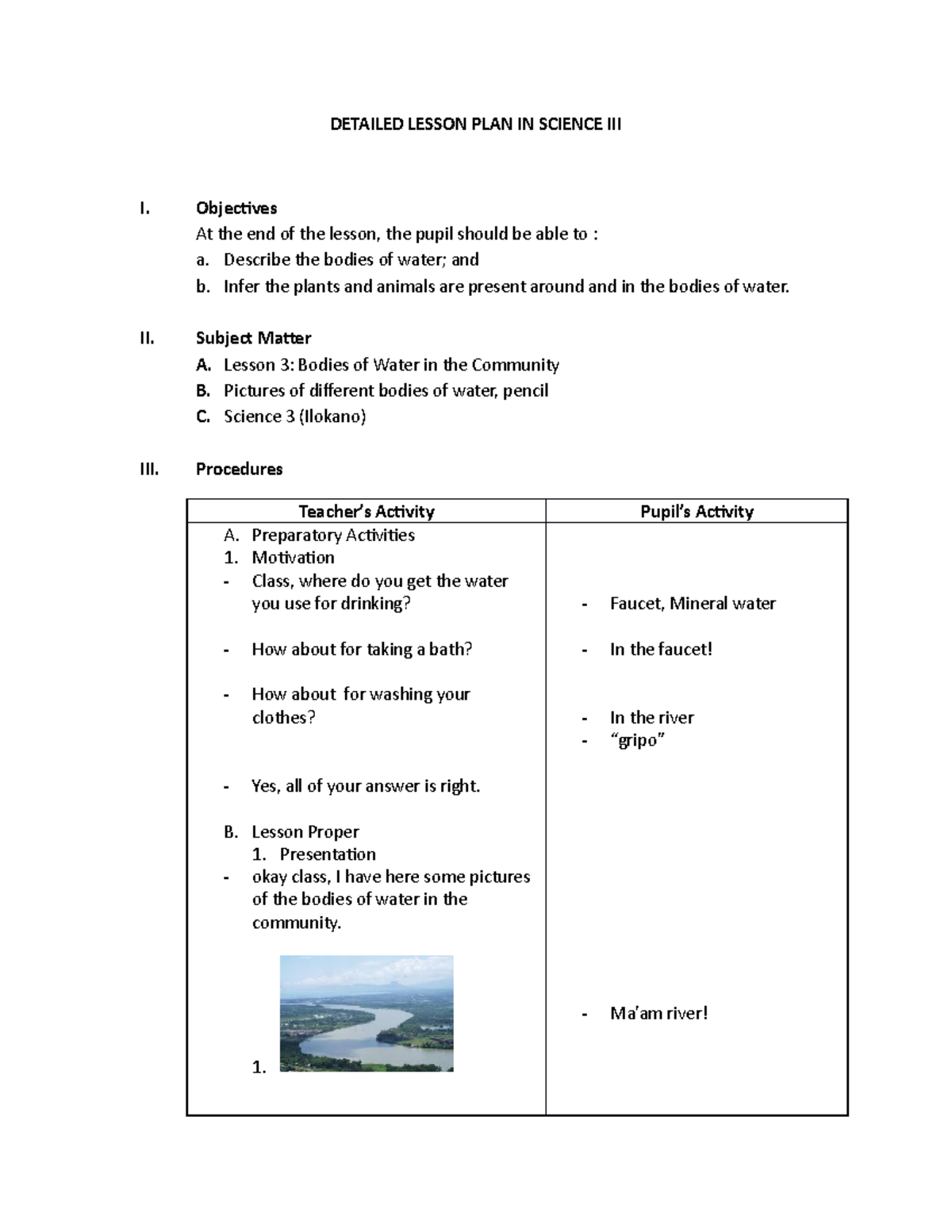 Detailed Lesson Plan in Science III: Exploring Bodies of Water - Studocu