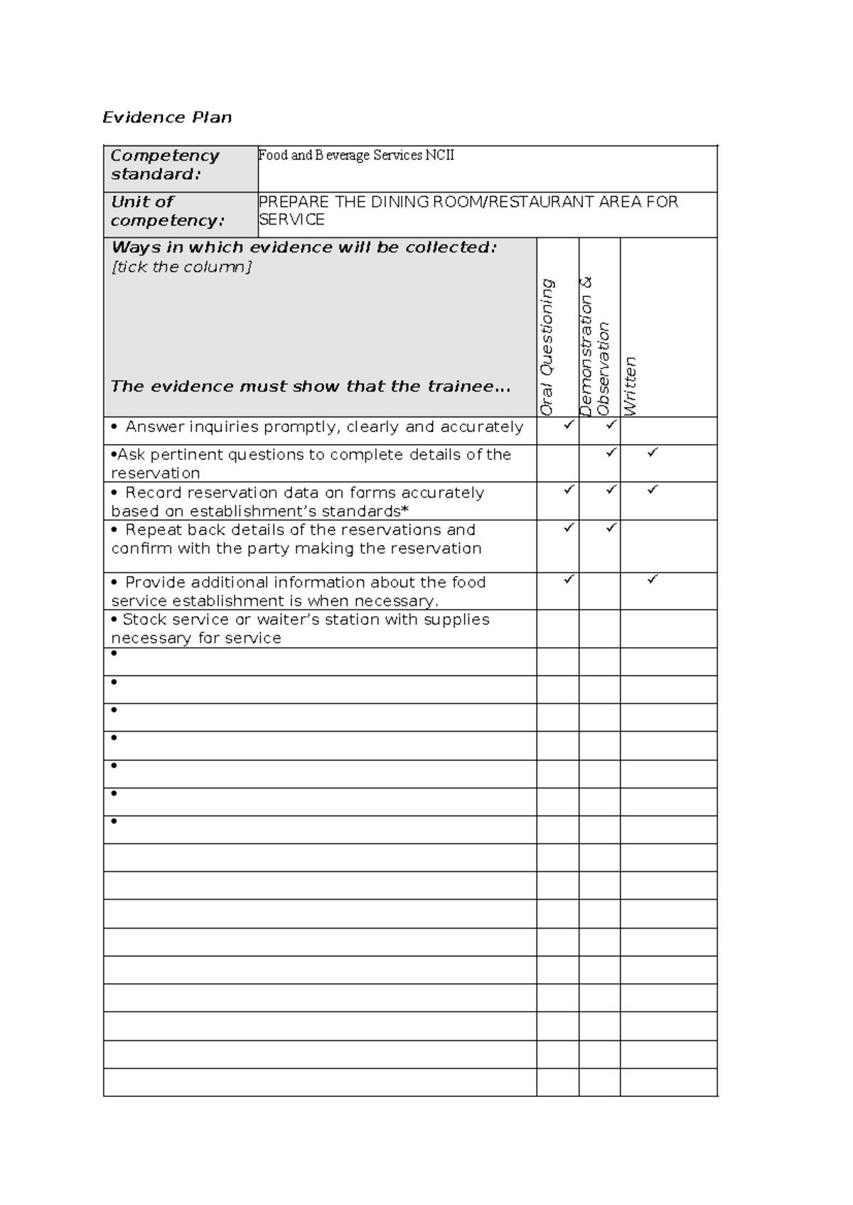 Evidence Plan Template Sample - t Evidence Plan Competency standard ...