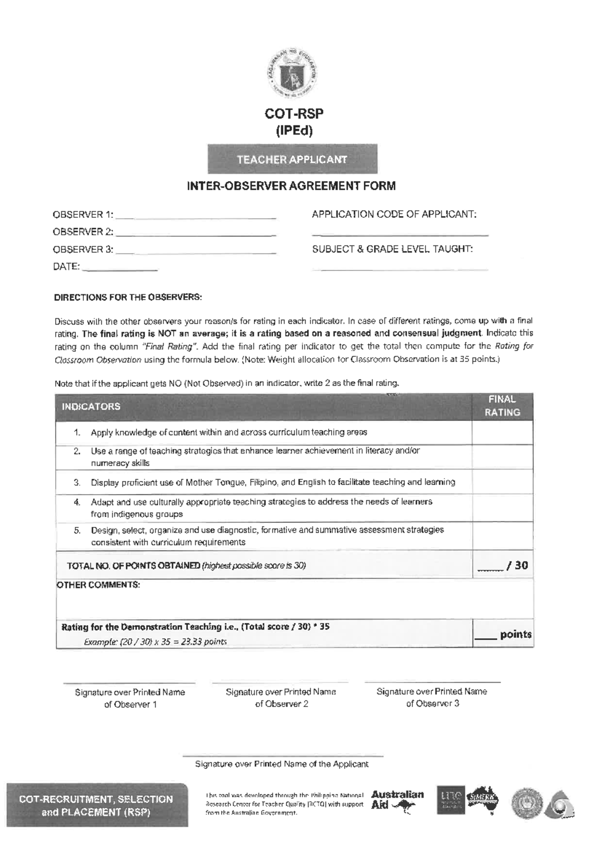 COT-RSP Form (IPEd) - Teacher Applicant Observation Agreement - Studocu