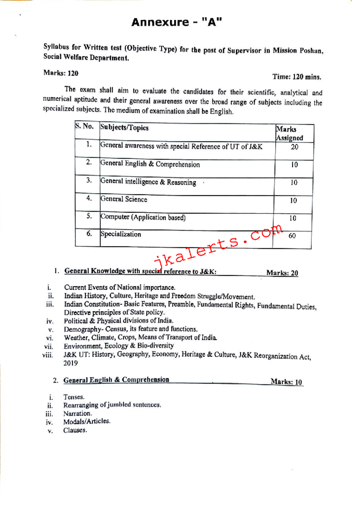 JKSSB Supervisor Syllabus 2026: Written Test (Objective Type) - Studocu