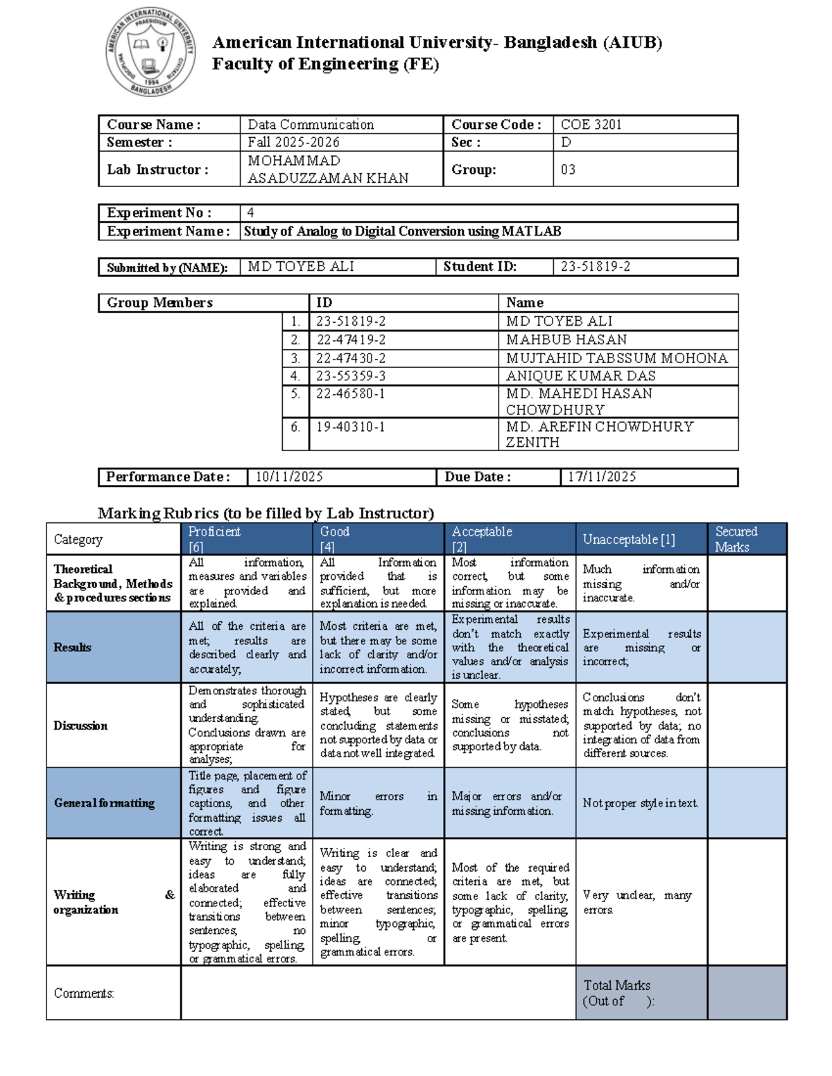 Lab Report for COE 3201 D: Analog to Digital Conversion Experiment ...