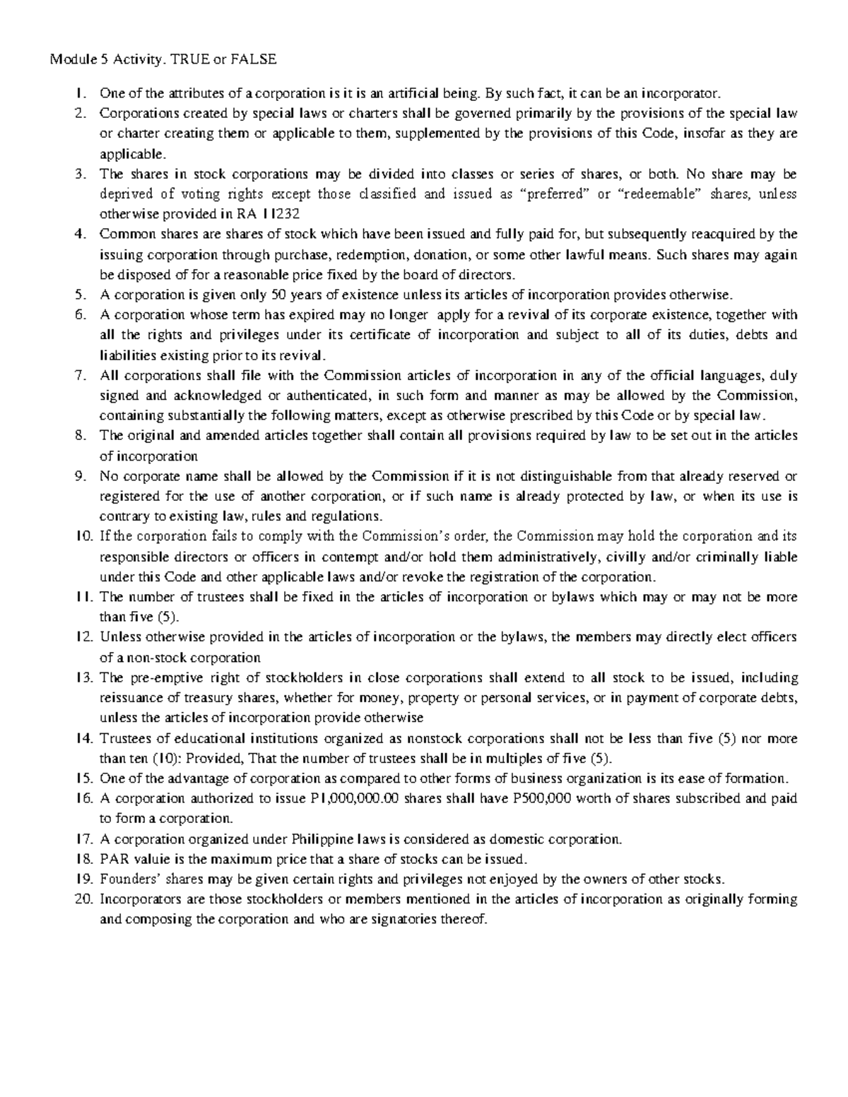 Module 5 Activity: True or False Exam Review for Corp. Law - Studocu