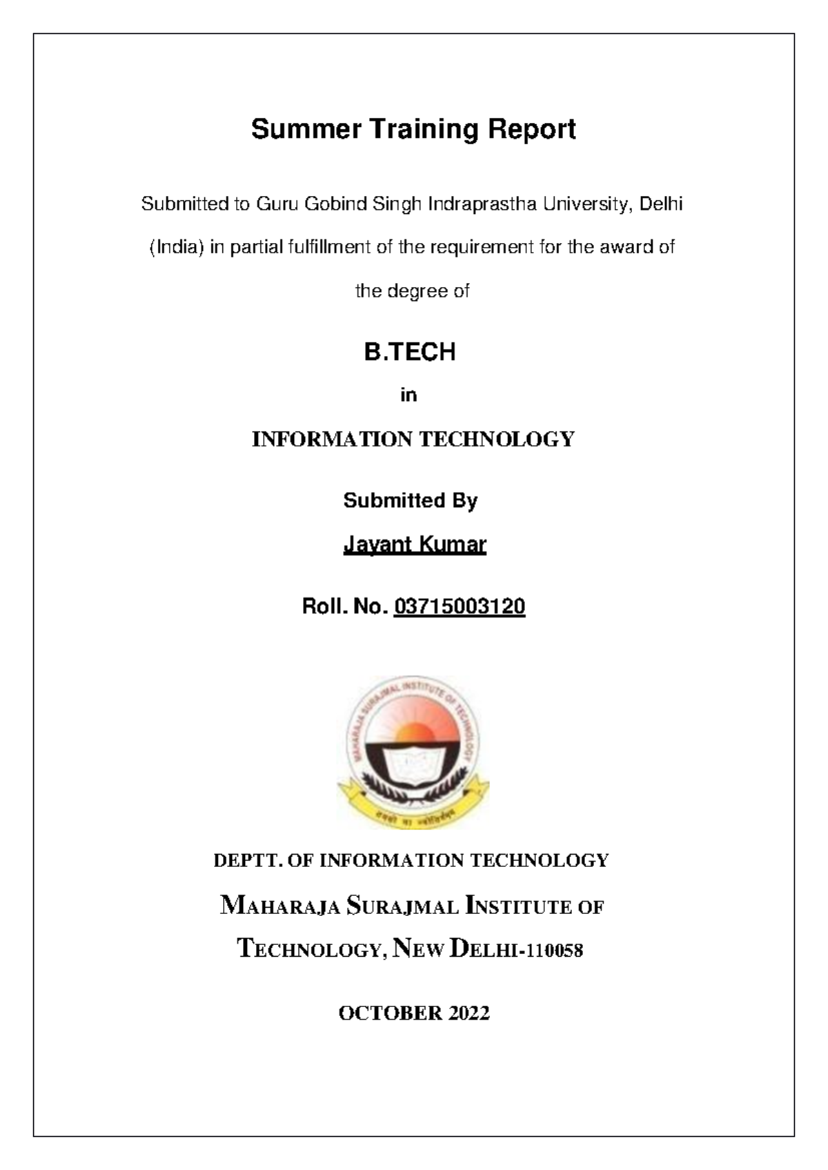B.Tech (IT) Summer Training Report on Web Development - Studocu