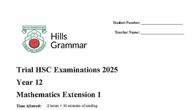HSC Mathematics Extension 1 Trial Exam 2025 - Hills Grammar - Studocu