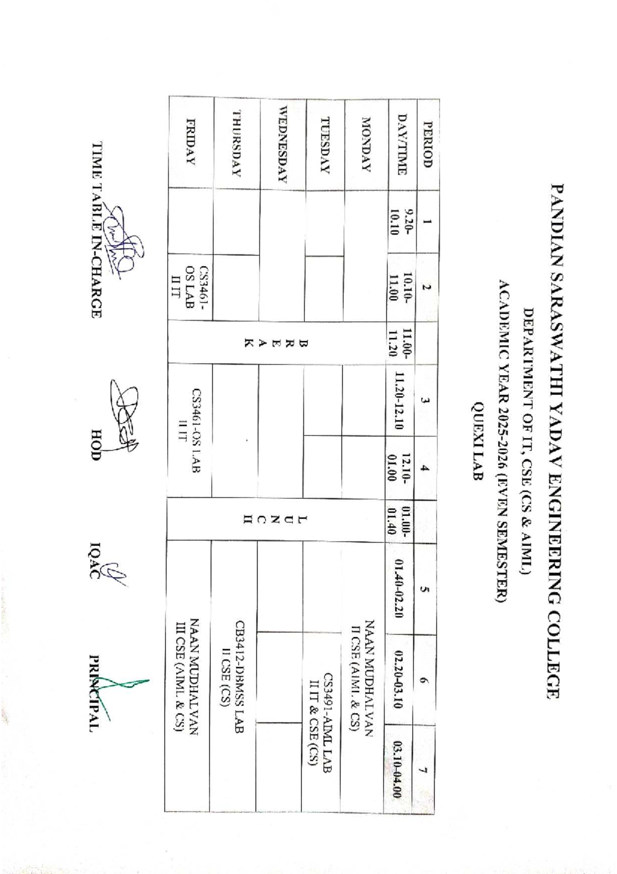 CSE (CS AIML) Even Semester Lab Timetable 2026 - Studocu