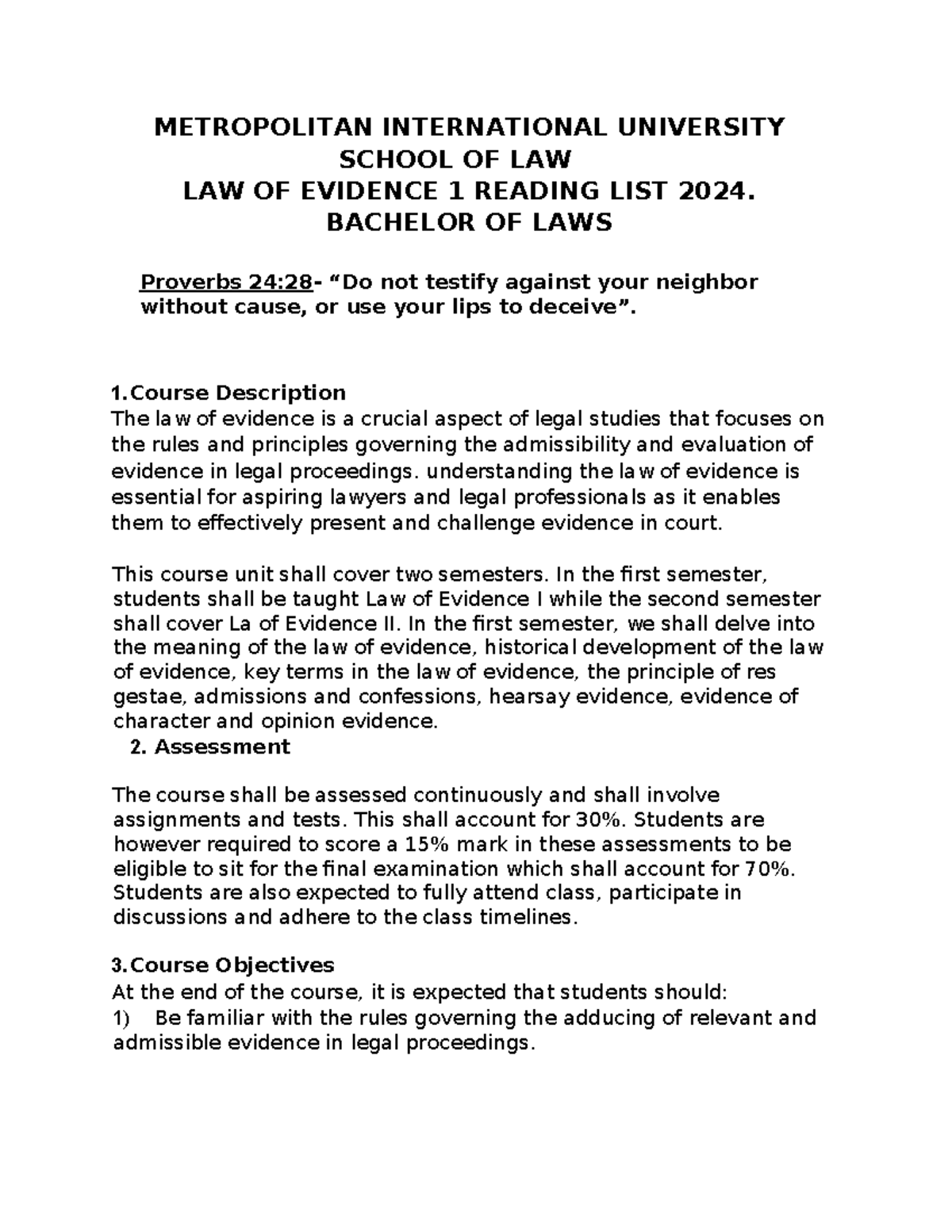 MIU LAW OF EVIDENCE I READING LIST 2024 - BACHELOR OF LAWS - Studocu