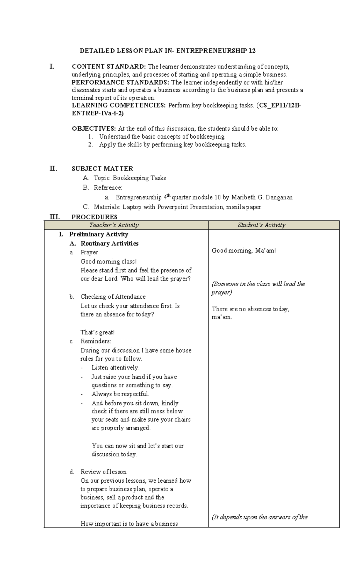 Detailed Lesson Plan: Bookkeeping Tasks for Entrepreneurship 12 - Studocu