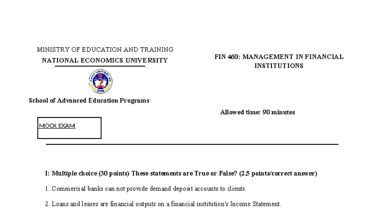 MOCK EXAM I FOR FIN 460: MANAGEMENT IN FINANCIAL INSTITUTIONS - Studocu