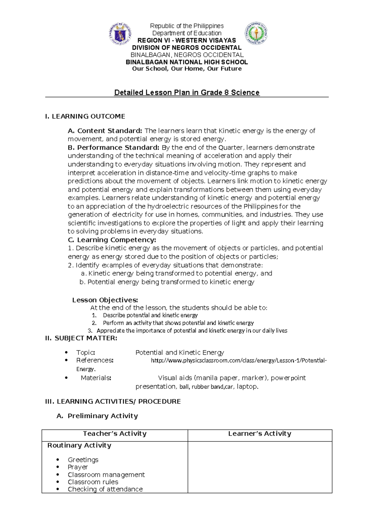 Detailed Lesson Plan on Kinetic and Potential Energy (Grade 8 Science ...
