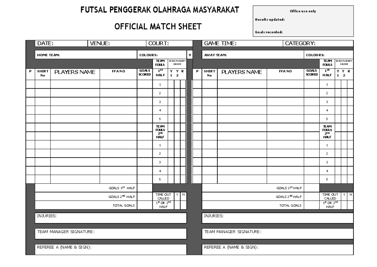 Futsal Official Match Sheet: Comprehensive Score Sheet - Studocu