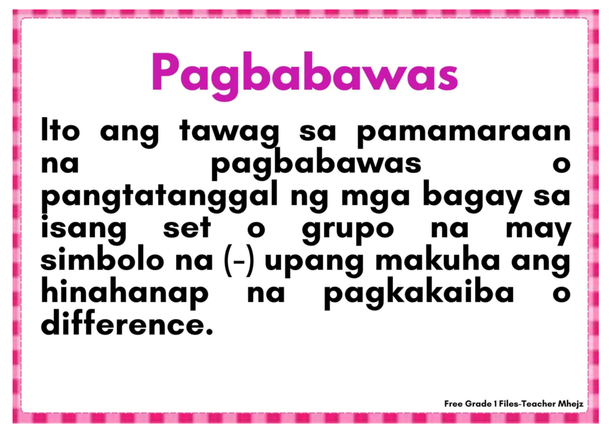 Pagbabawas: Free Grade 1 Subtraction Activities - Mhejz - Studocu