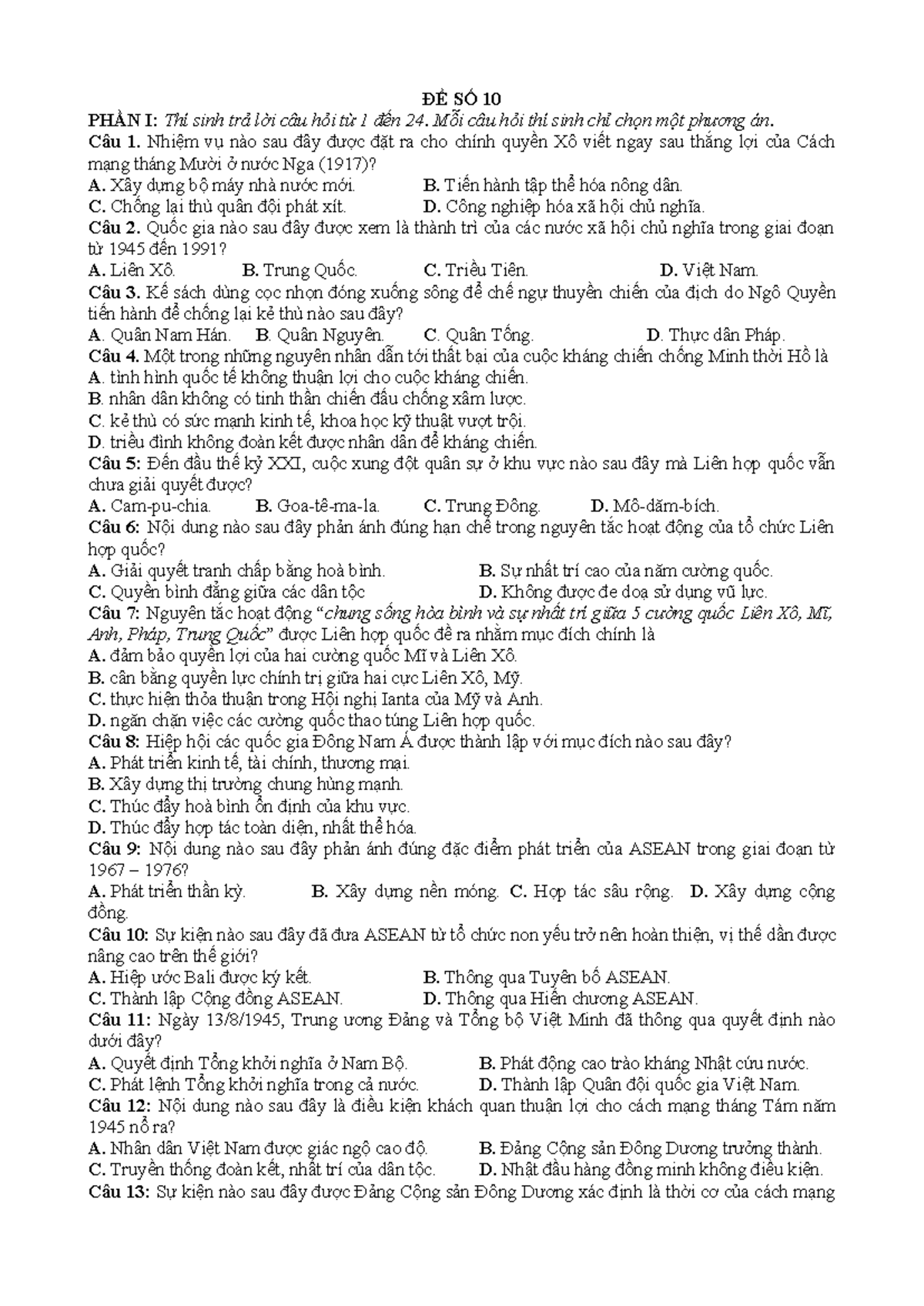 ĐỀ SỐ 10 - Câu hỏi trắc nghiệm lịch sử (HS) - Studocu