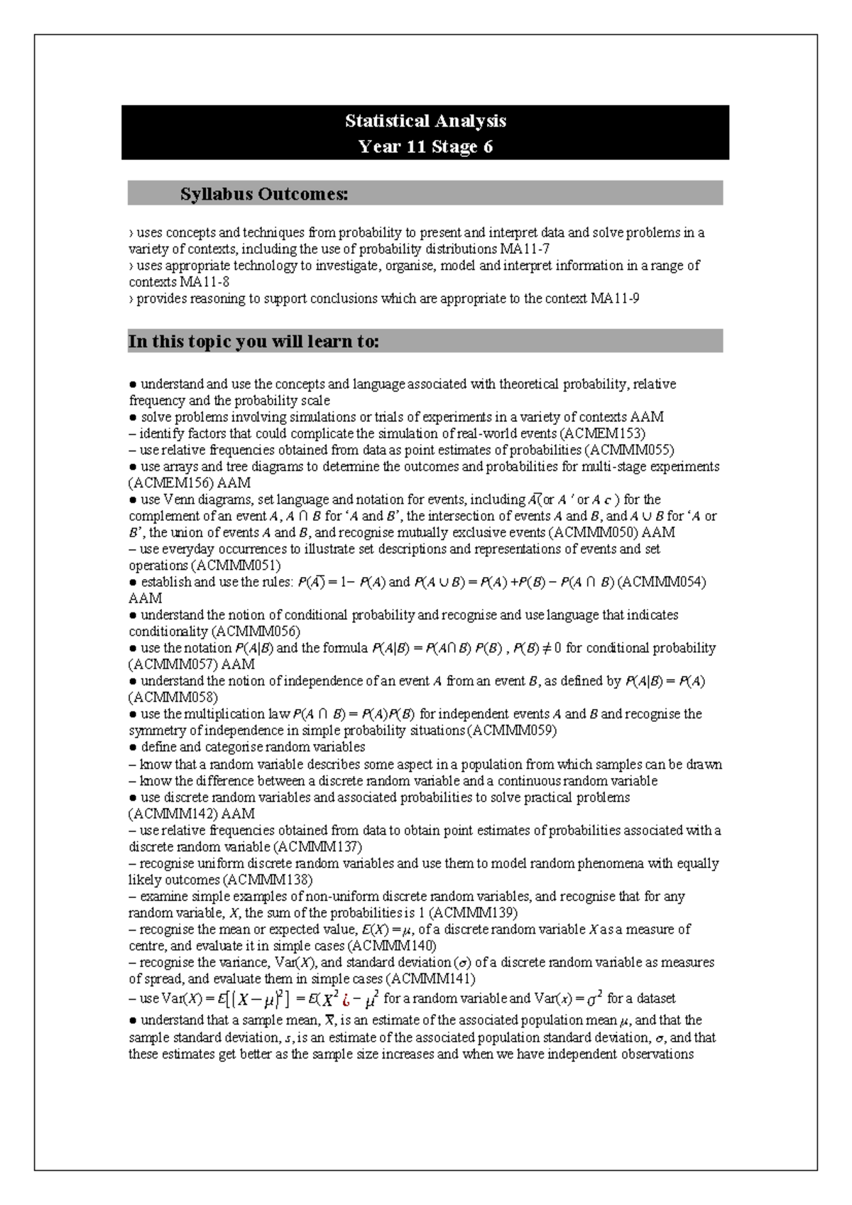 Statistical Analysis for Year 11 Stage 6: Probability Concepts and ...