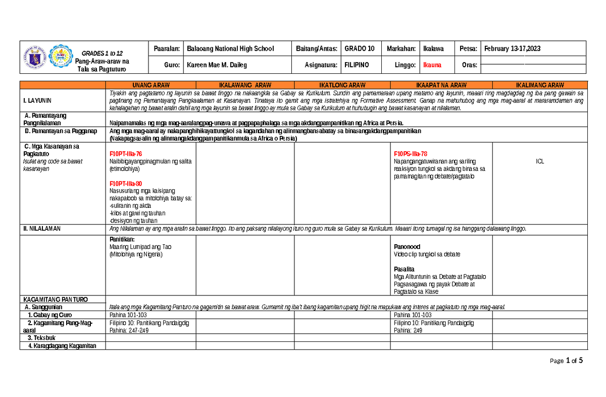 Aralin 3: Detalyadong Plano ng Aralin para sa Ikatlong Kwarter ...