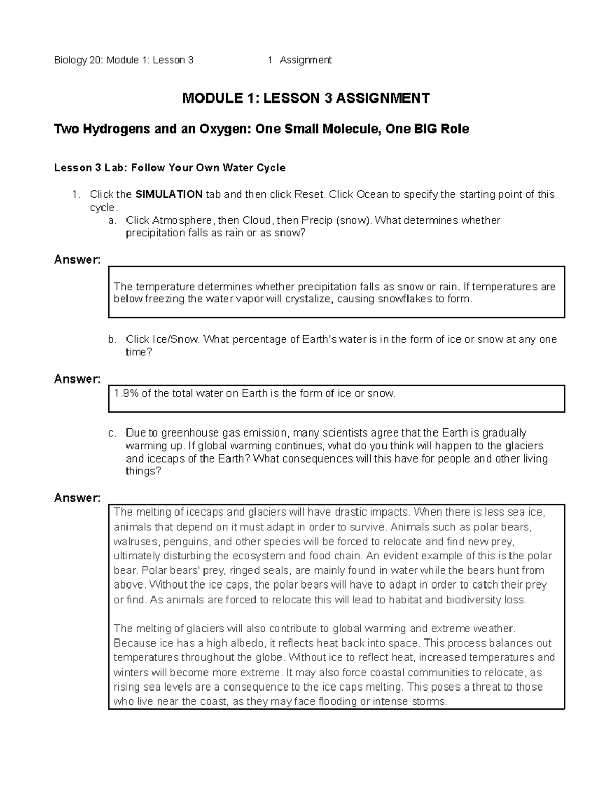 Biology 20: Module 1: Lesson 3 Assignment - Water Cycle Exploration ...