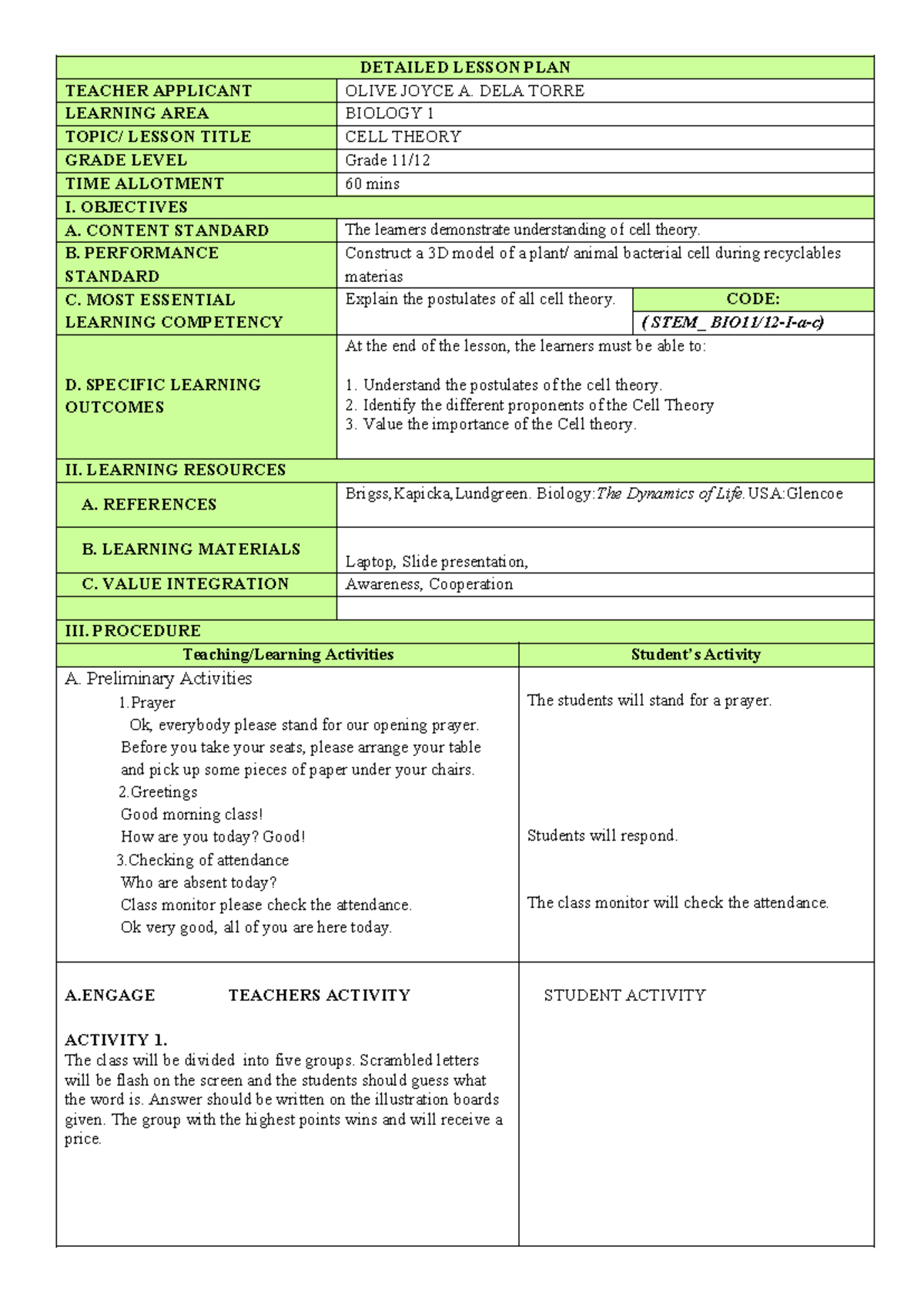 Cell Theory Lesson Plan for Biology 1 (STEM_BIO11/12) - Studocu