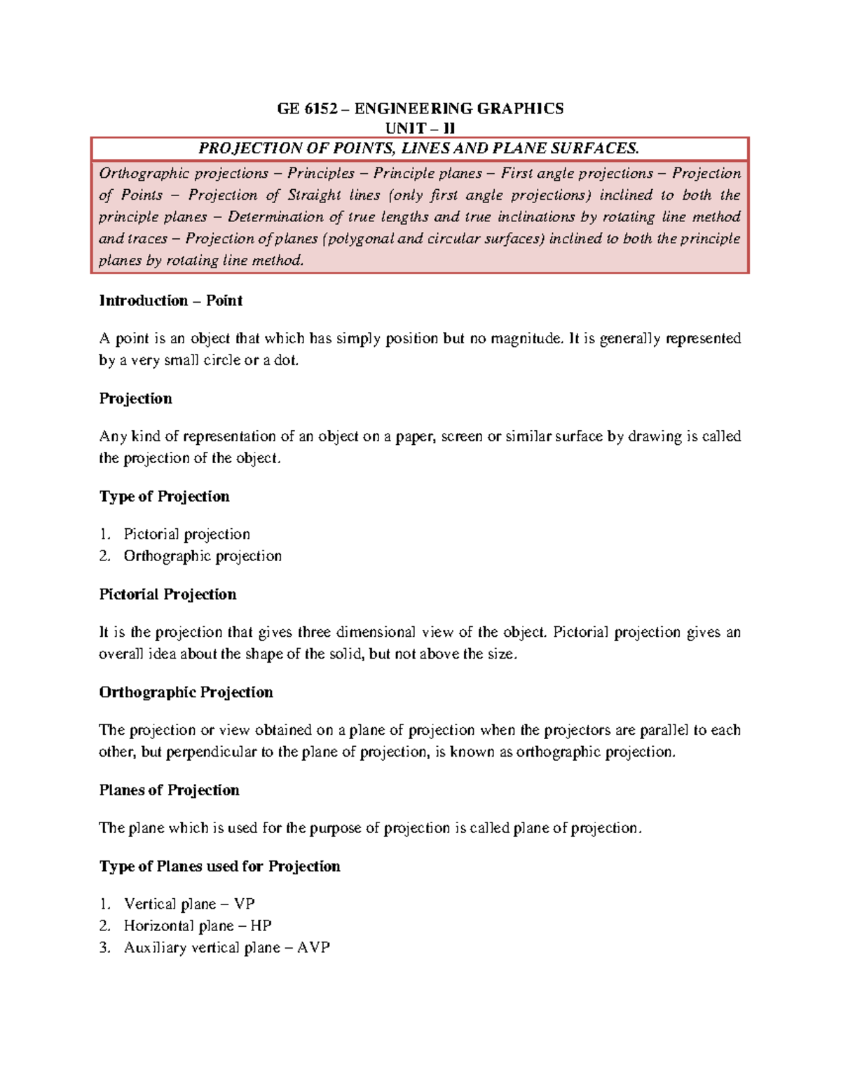 GE 6152 Engineering Graphics Unit II: Projections of Points & Lines ...