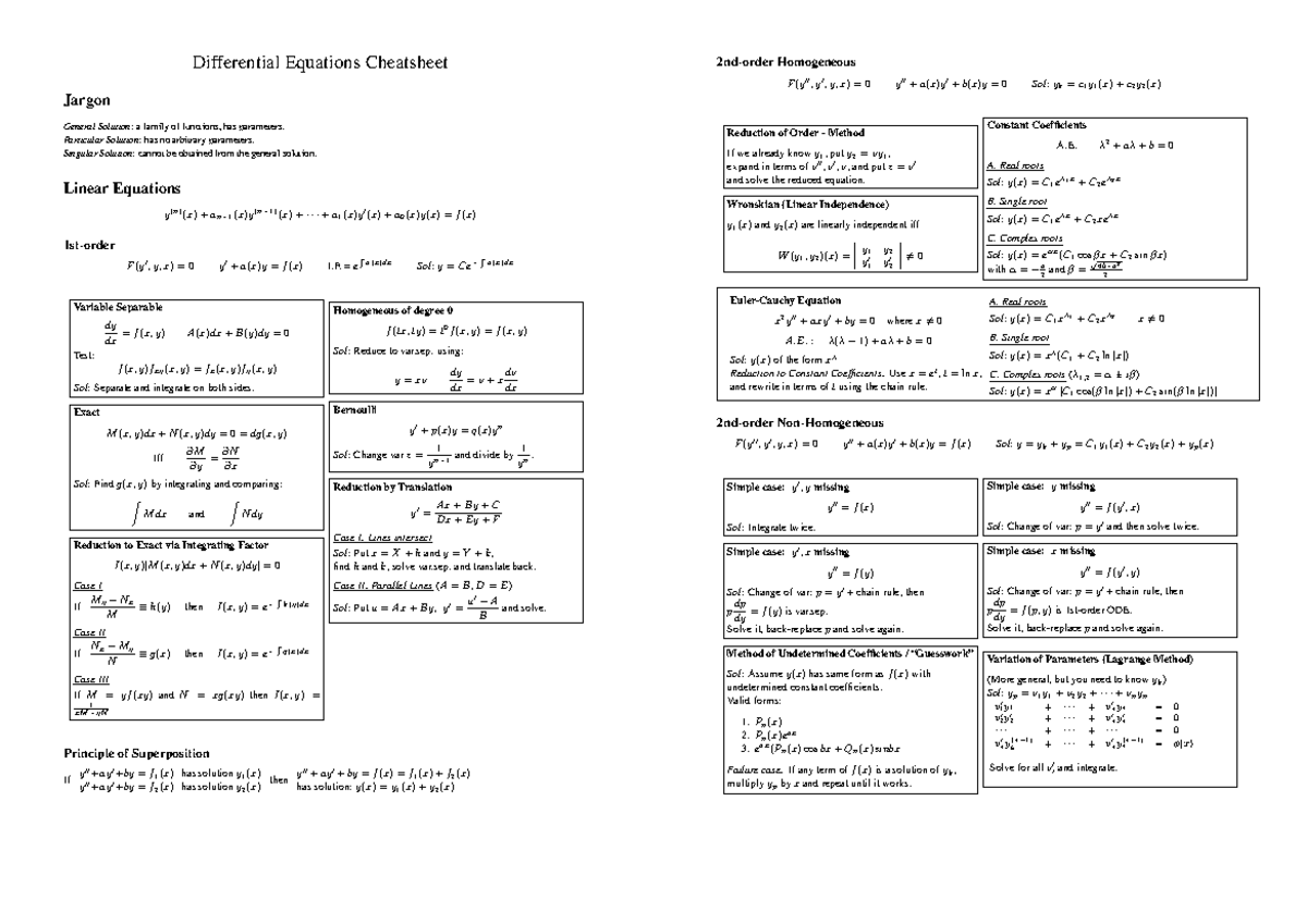 Differential Equations Cheat Sheet: Homogeneous Solutions & Methods ...