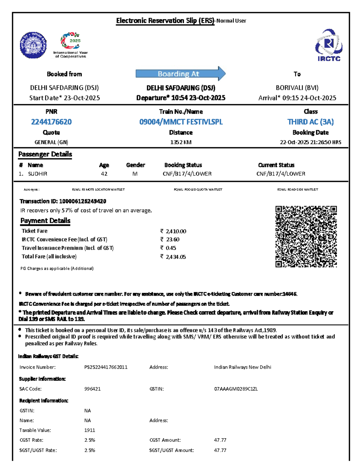 Electronic Reservation Slip for Train DSJ to BVI - 3A Booking - Studocu