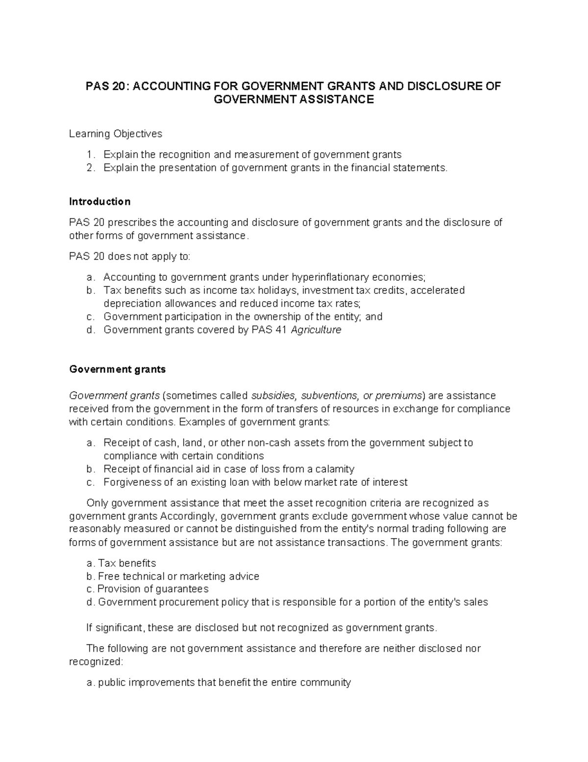 PAS 20 - Accounting for Government Grants and Assistance Disclosures ...