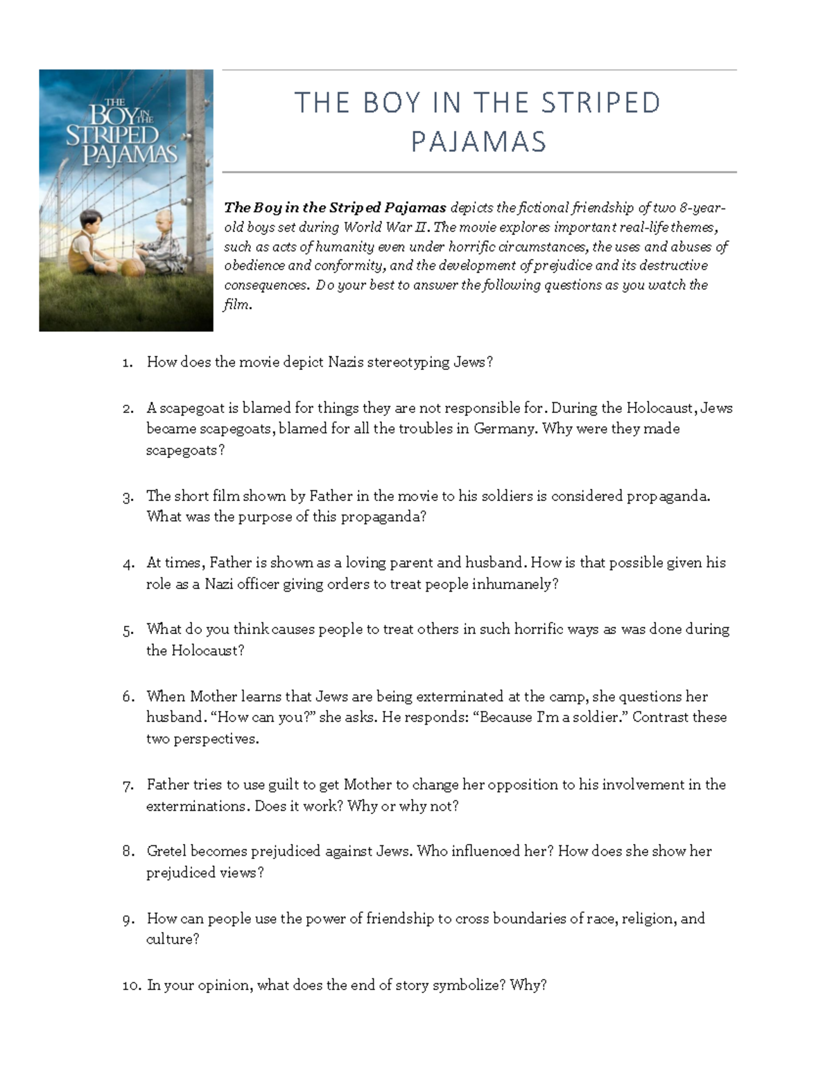 The Boy in the Striped Pajamas (Film) Video Worksheet-1 - Studocu