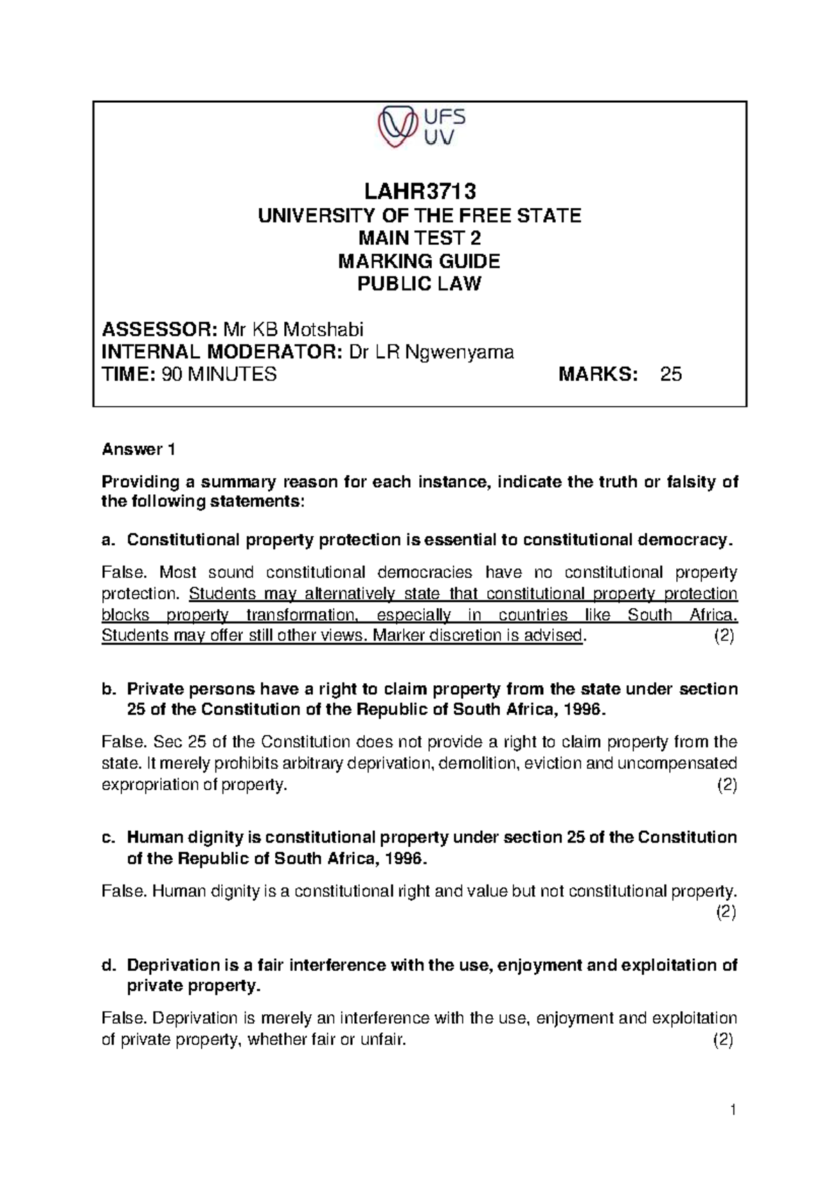 LAHR3713 UFS MAIN TEST 2 MARKING GUIDE: PUBLIC LAW ANALYSIS - Studocu